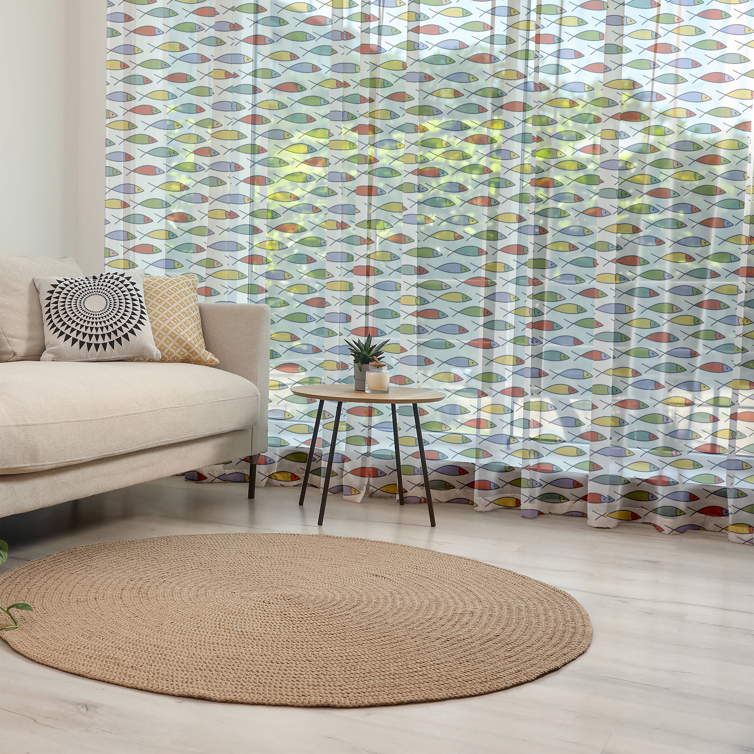 Underwater Tulle Curtains with Rod Pocket, Simplistic Floating Fish ...