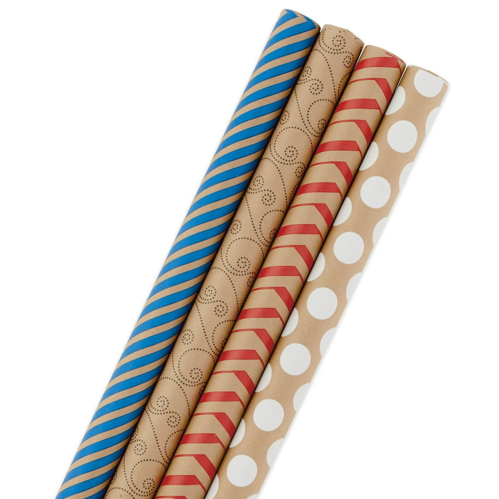 Hallmark Wrapping Paper Bundle - Kraft Brown with Red, Blue, White ...