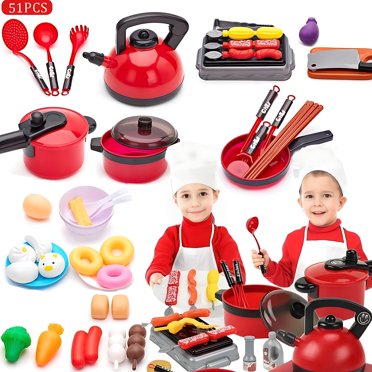 51pcs Kids Pretend Play Kitchen Toy Set with Simulation Utensils, Food ...