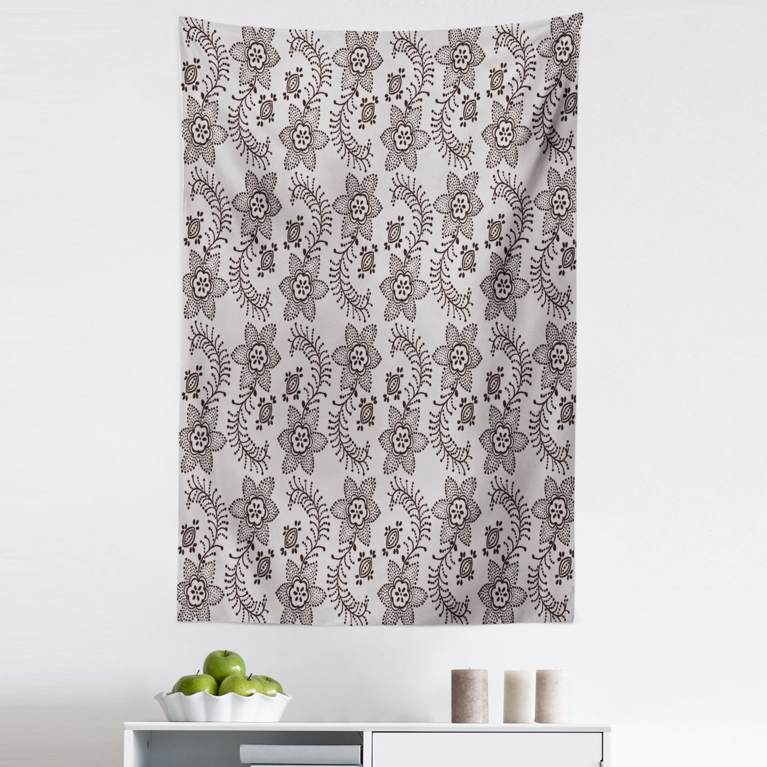 Taupe Tapestry, Russian Nature Flora Motif Dotted Curvy Branches with ...