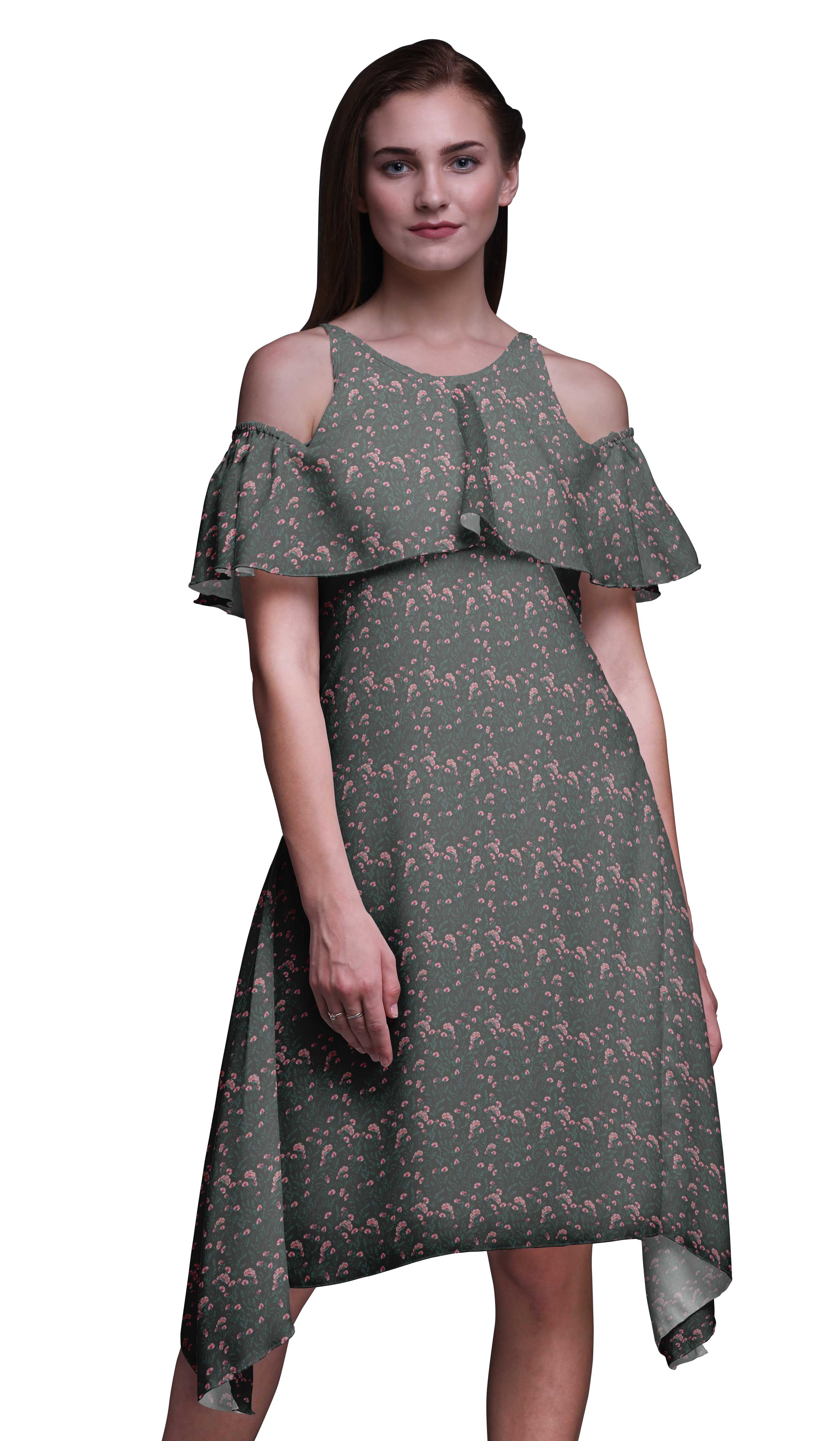 Bimba Floral Print Cold Shoulder Women Swing Tunic Flutter Sleeve Midi ...