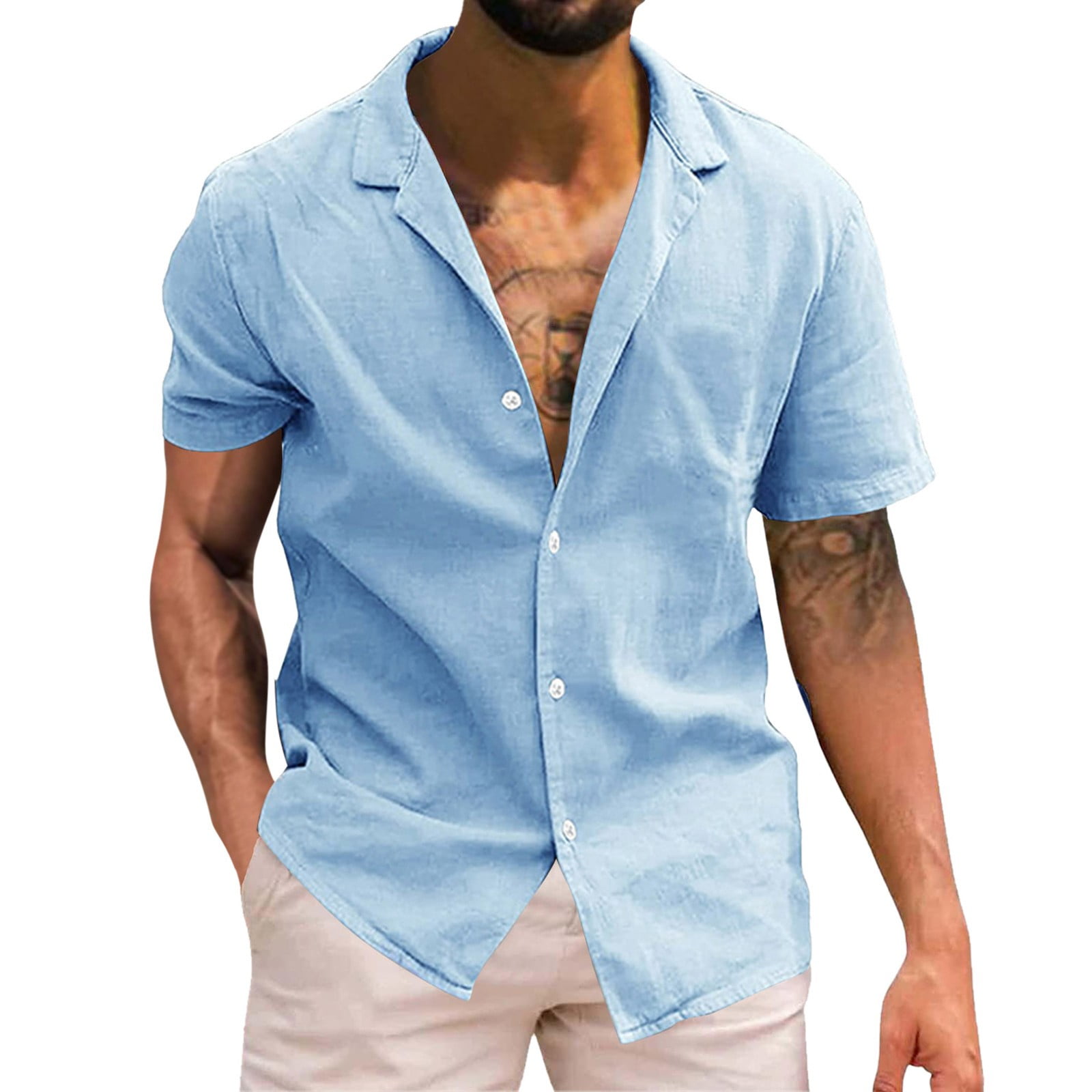 Click here for Linyuppp Mens Solid Short Sleeve Button Down Shirt... prices