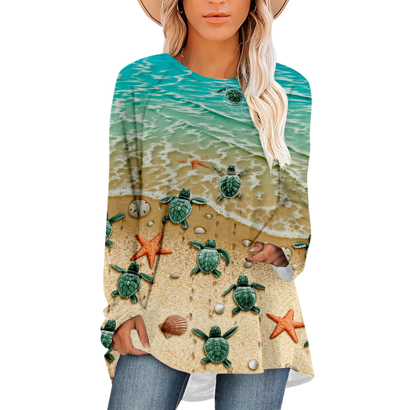 CLOOCL Women Oversized Blouse Sea Turtle Graphics 3D Print T-Shirt Long ...