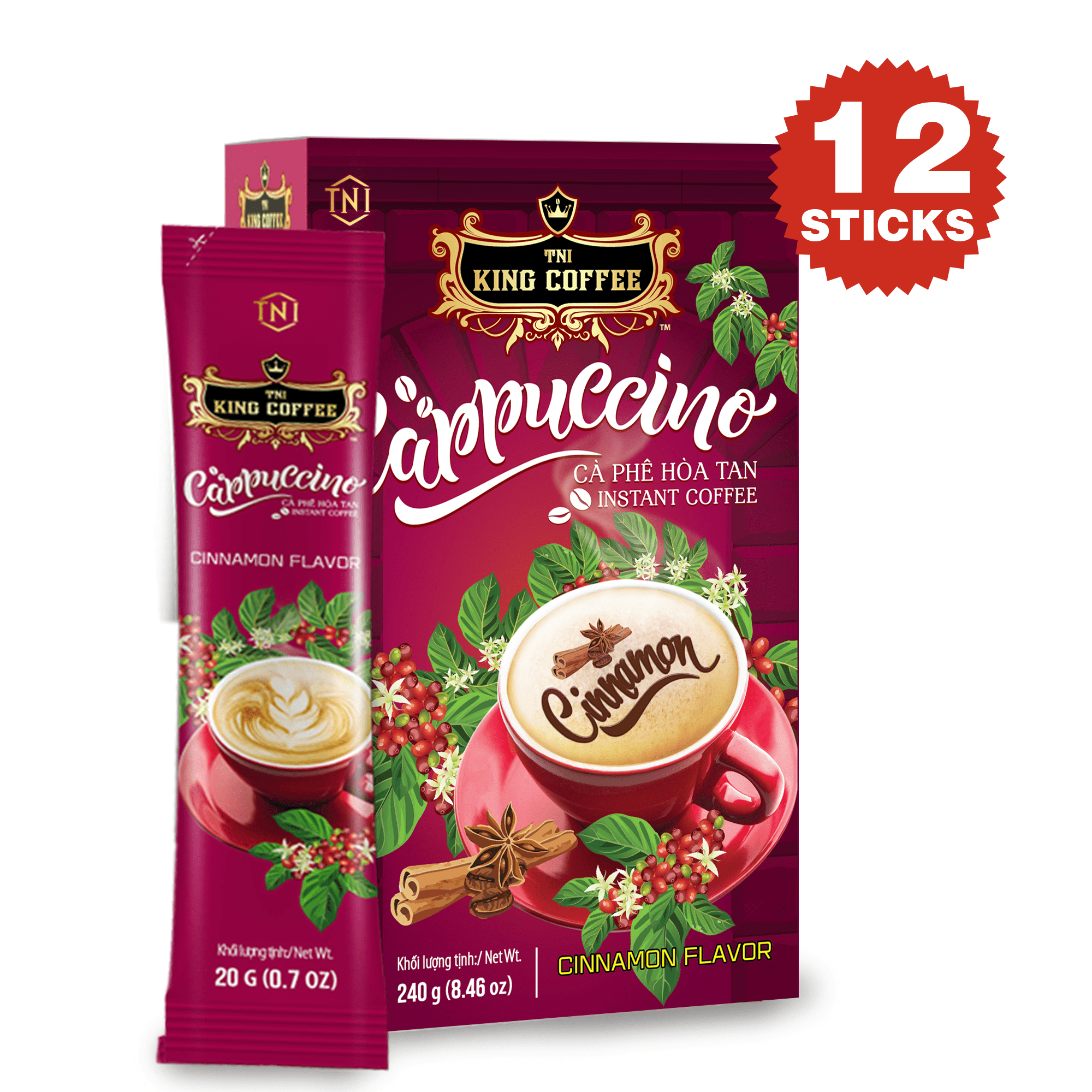 King Coffee Cappuccino Cinnamon Box 12 Sticks