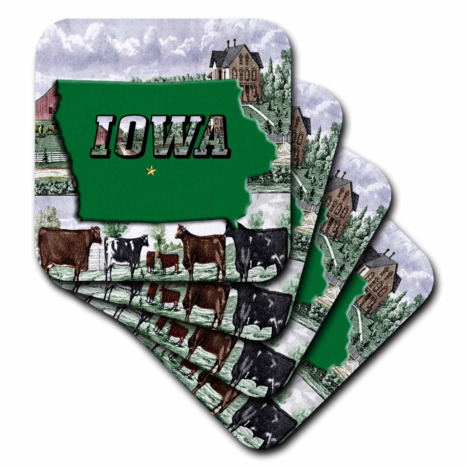 State Map, Picture Text and Farm Background of Iowa set of 4 Coasters ...