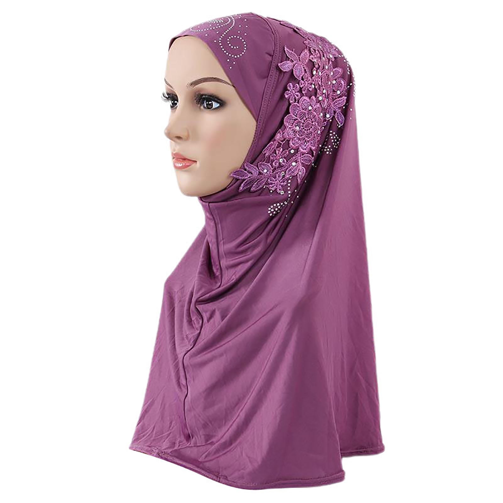 Opolski Women Muslim Hijab Wrap Solid Color Lace Rhinestone Muslim ...