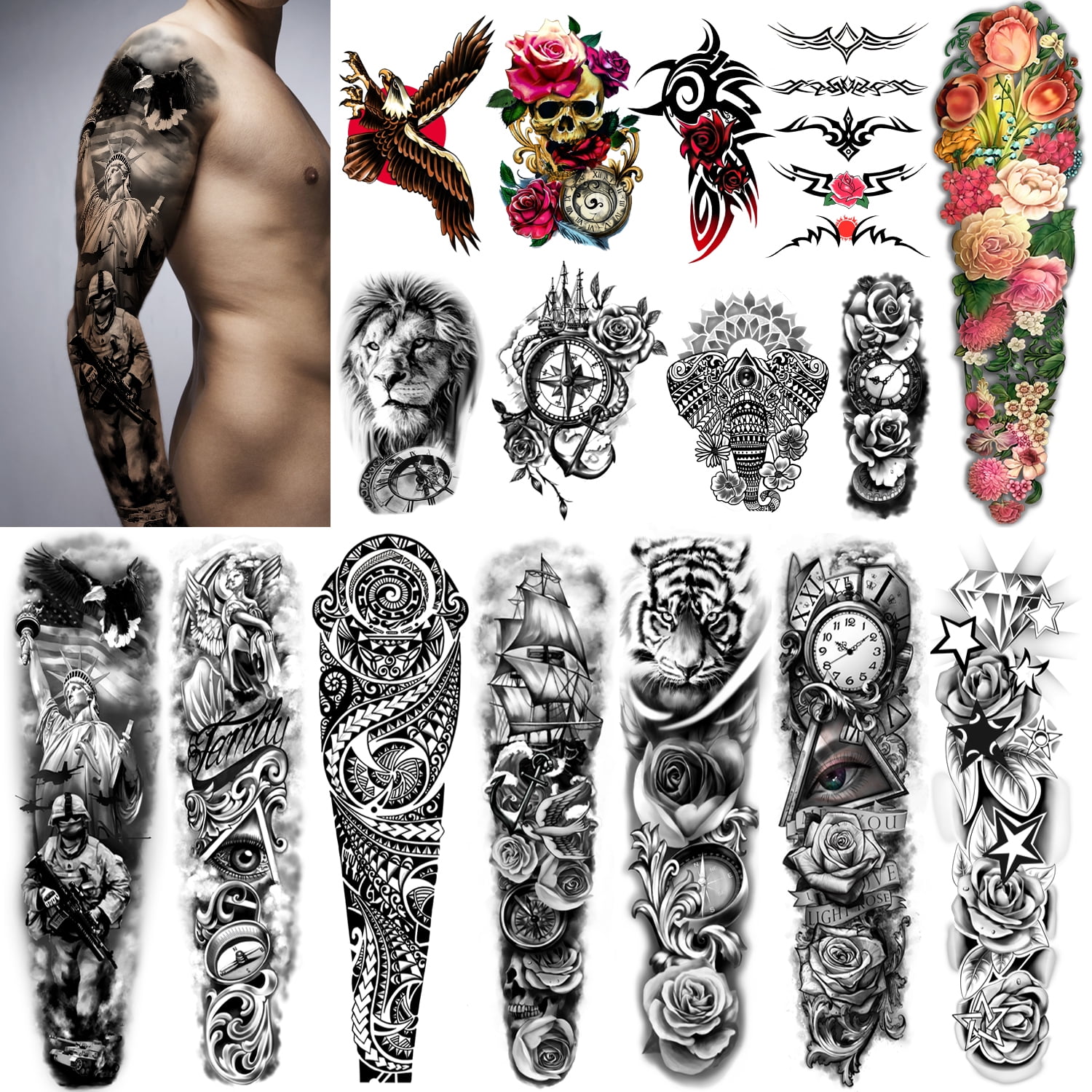 Yazhiji Extra Large Temporary Tattoos 8 Sheets Full Arm Fake Tattoos ...