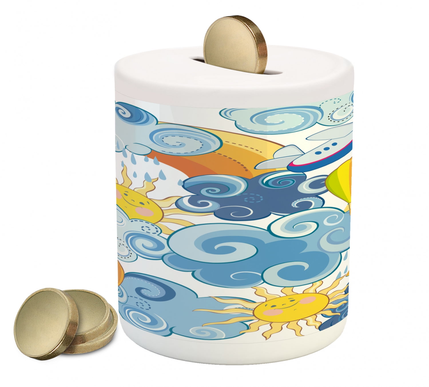 Sky Piggy Bank, Theme Clouds Smiling Sun Airplanes and Balloons ...