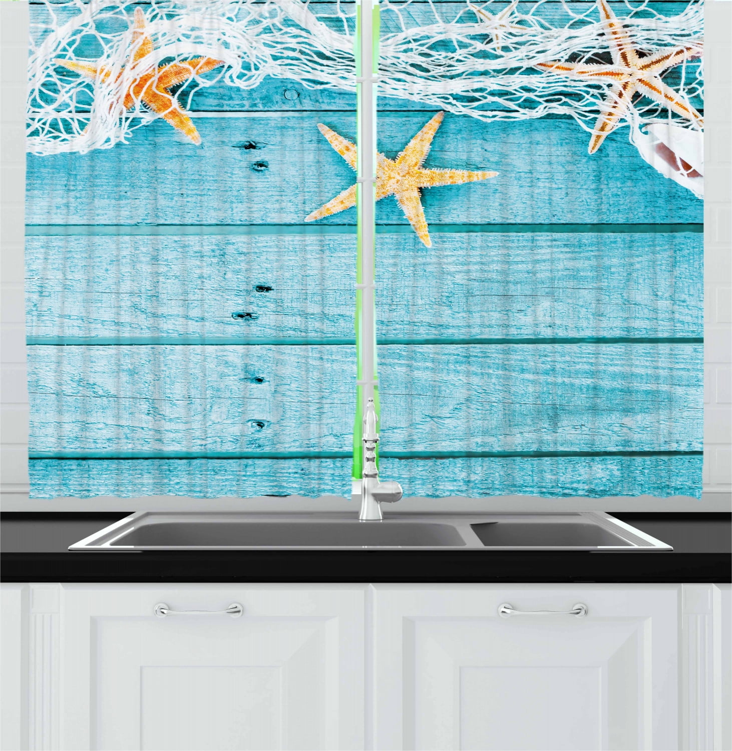 Starfish Curtains 2 Panels Set, Rustic Wood Boards Fishing Net and the ...
