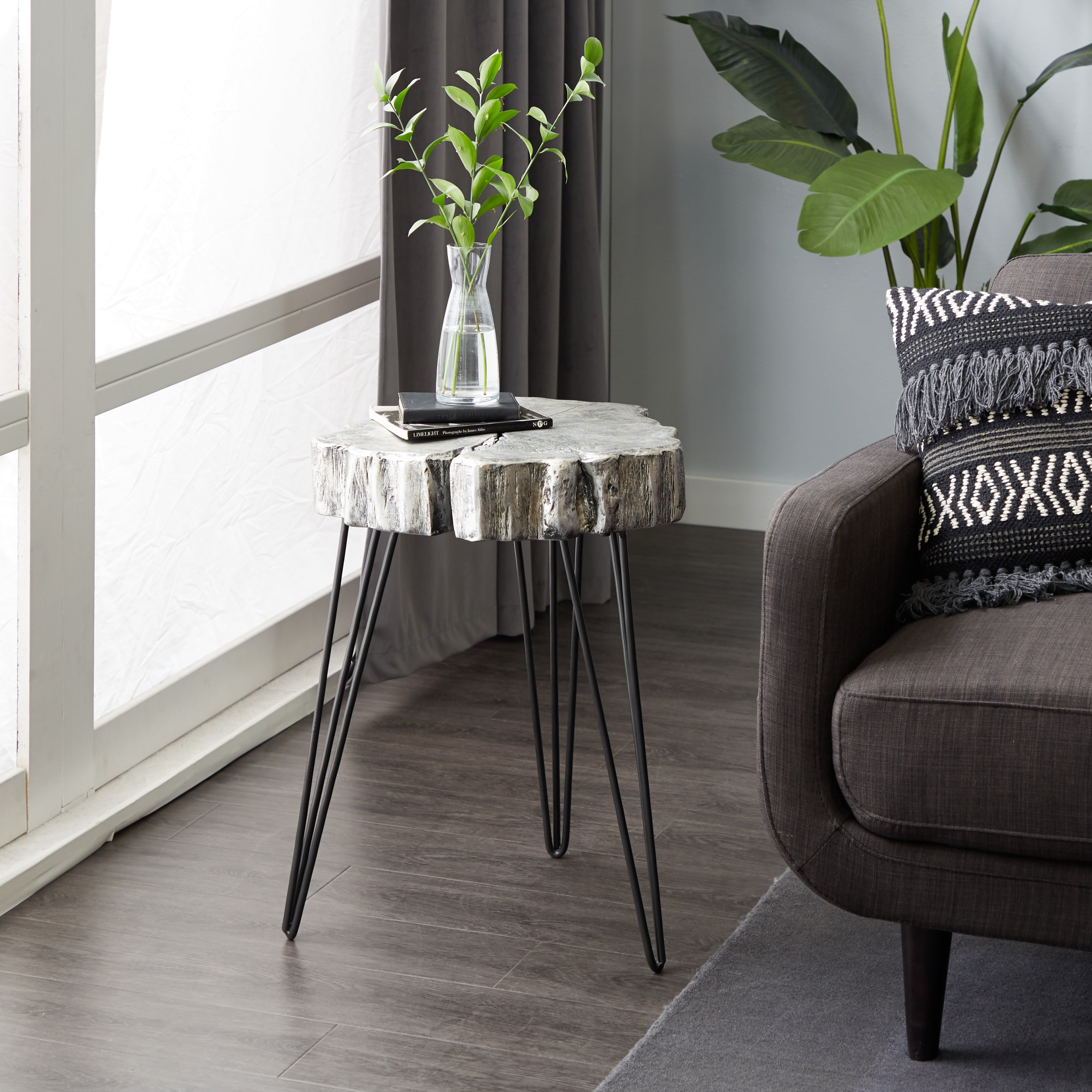 DecMode 19" x 26" Gray Polystone Tree Trunk Accent Table with Black ...