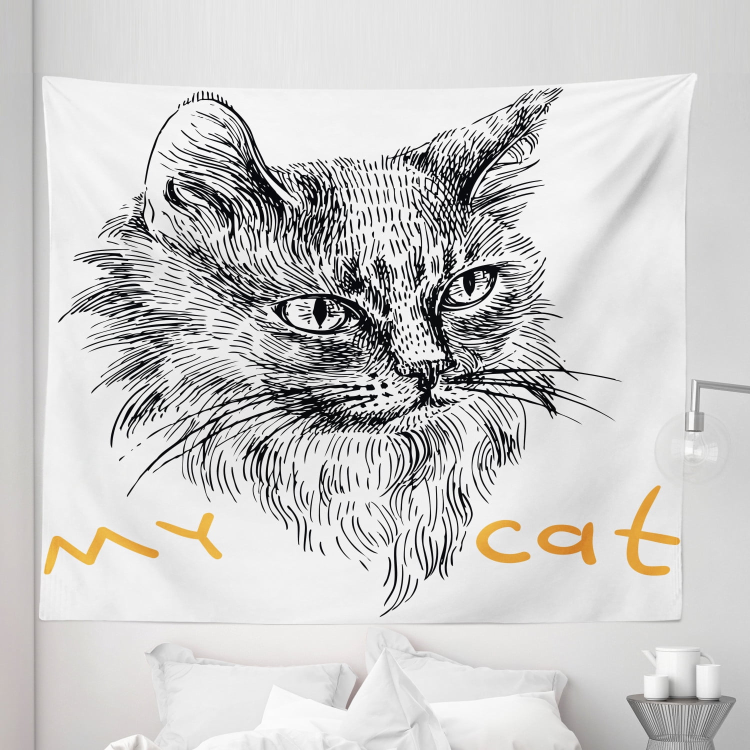 Animal Tapestry, Ink Sketch Hand Drawn Illustration of Cat Portrait ...
