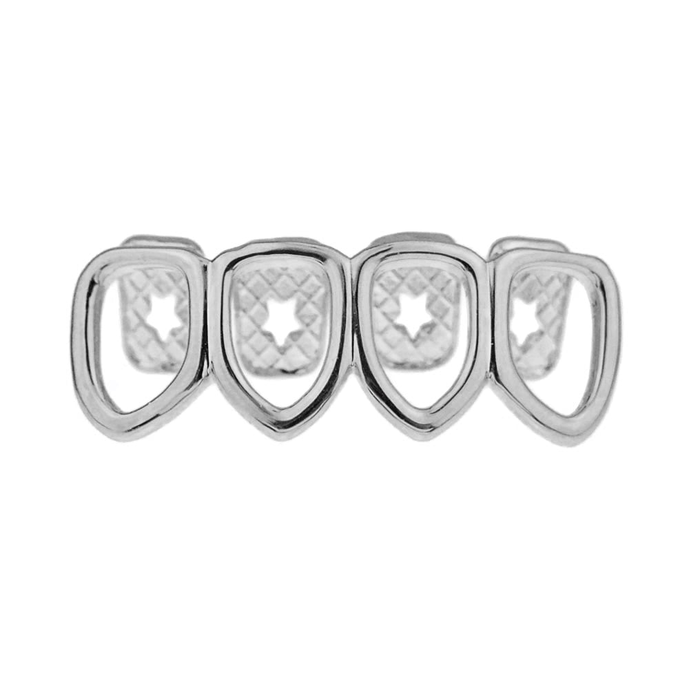 Four 4 Open Face Tooth Grillz Silver Tone Lower Row Bottom Teeth Hollow ...
