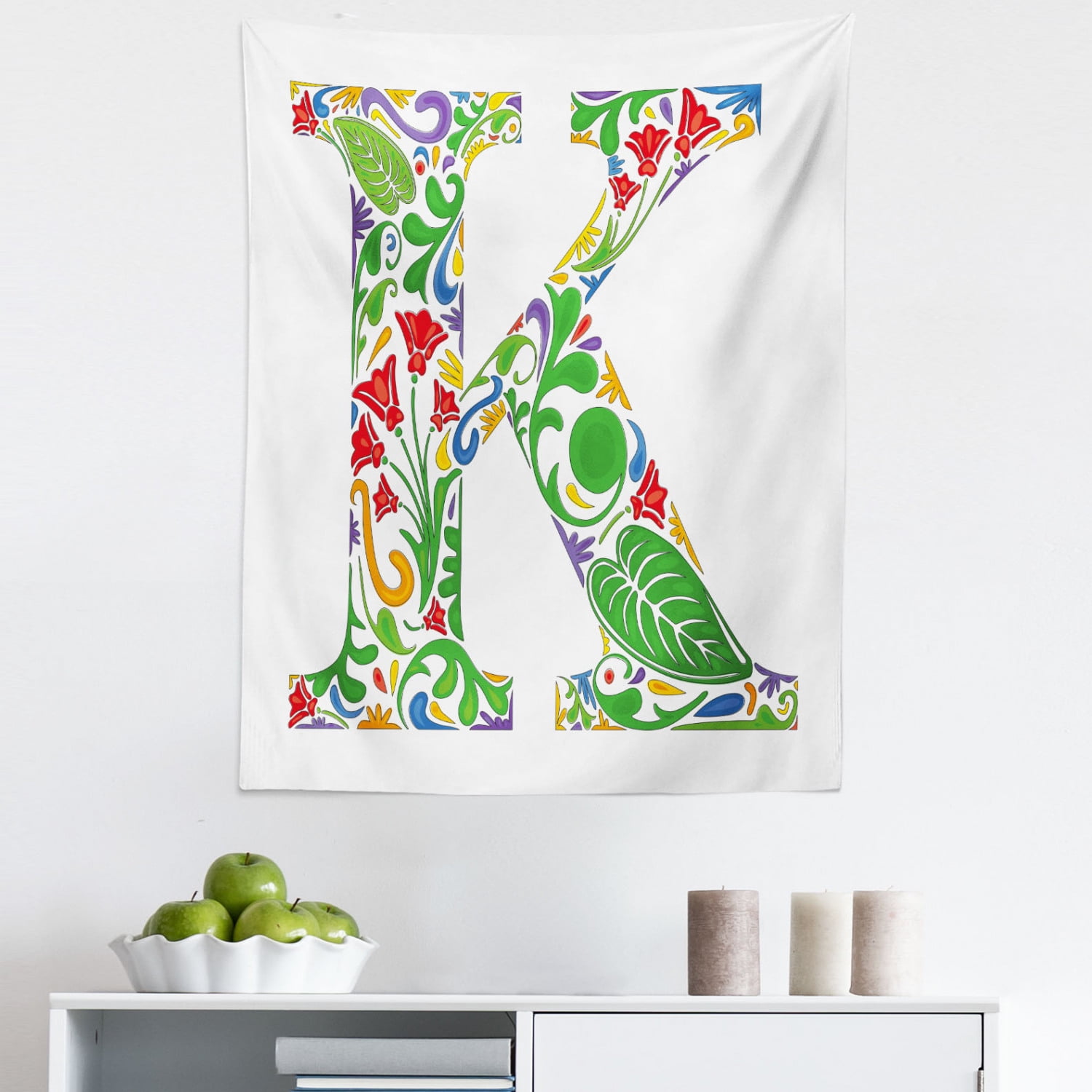 Letter K Tapestry, Vivid Color Scheme Natural Inspirations Flowers ...