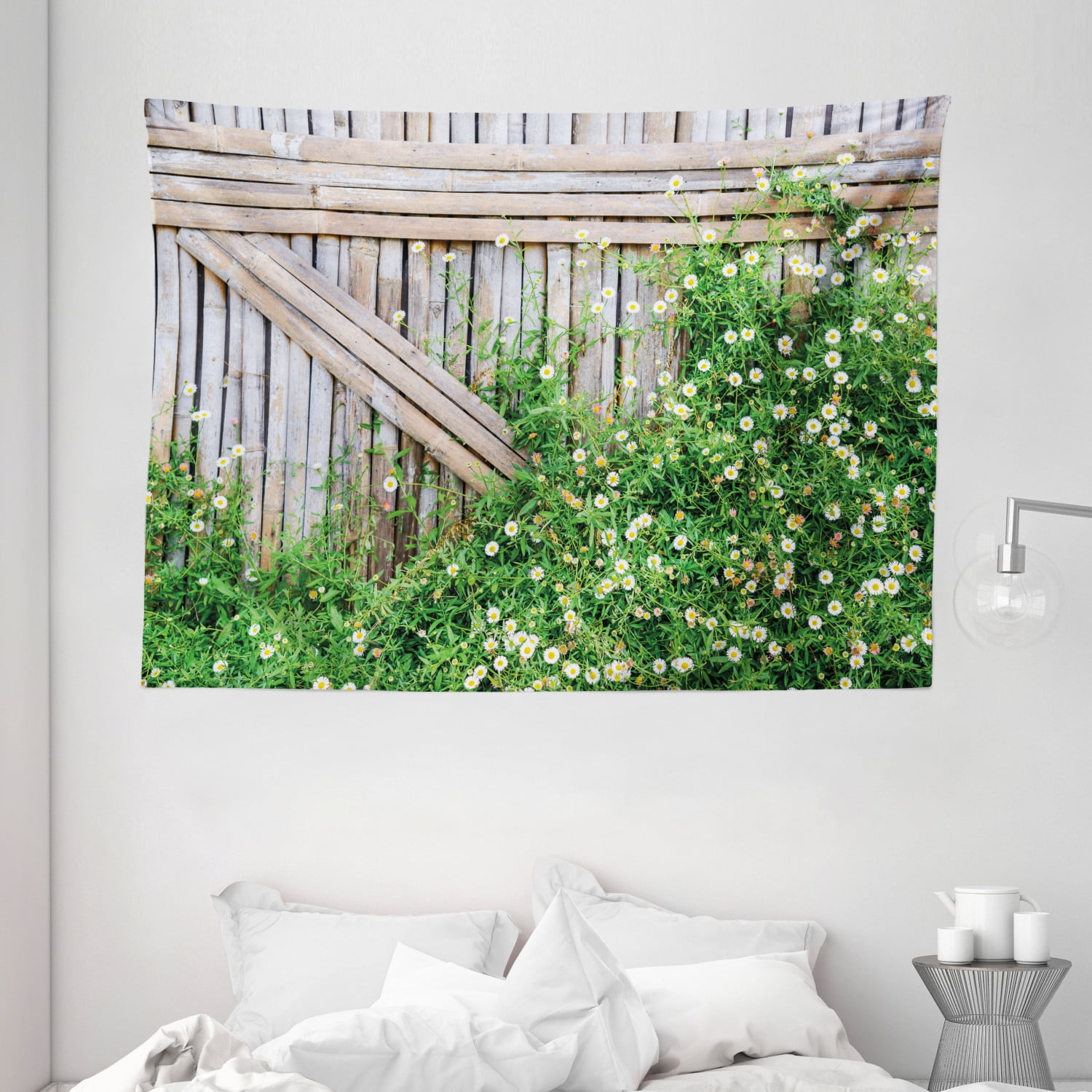 Farm House Decor Tapestry, Bamboo Fence Covered by Ivy Daisy Flower ...