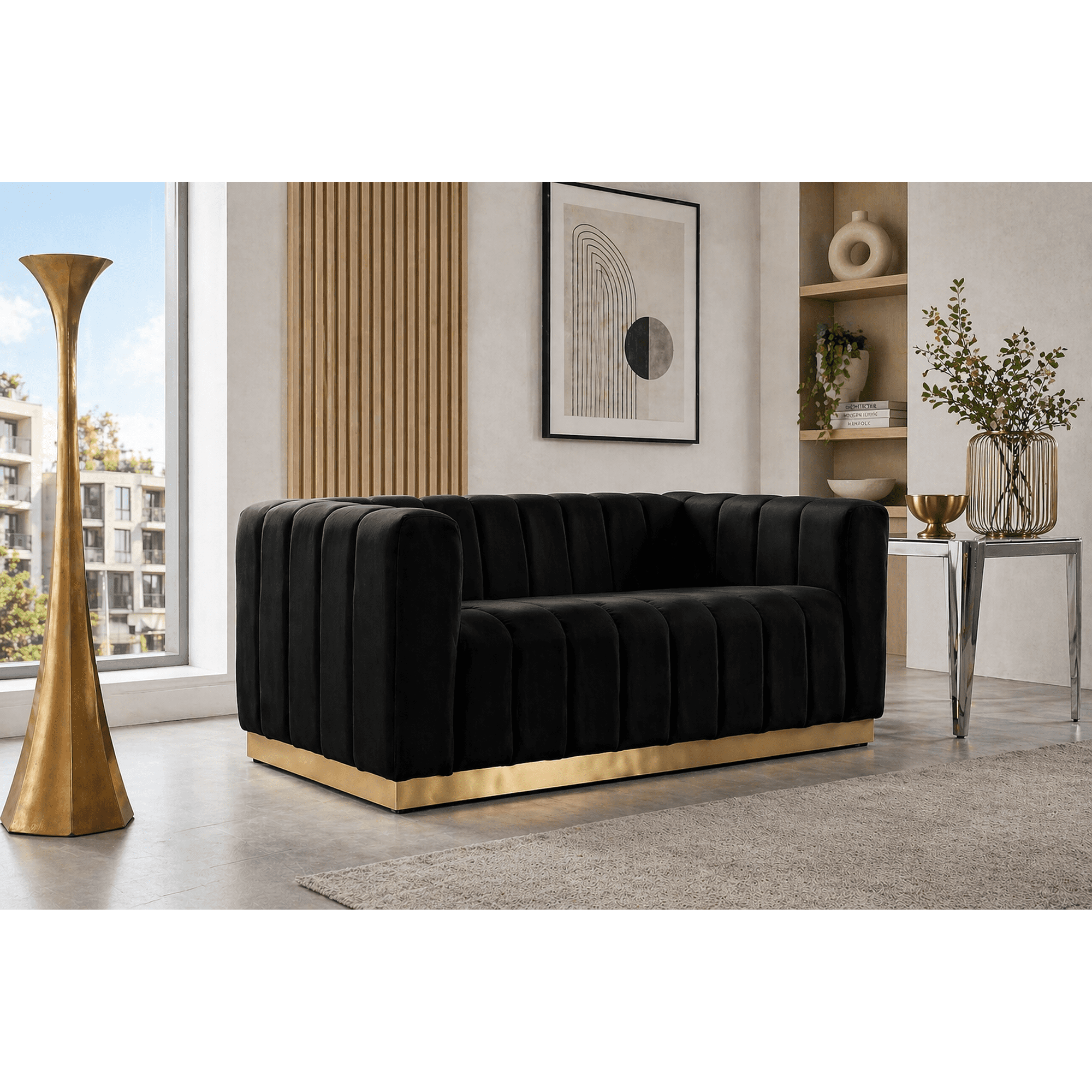 Click here for K-Living Black Velour Fabric Loveseat With Gold Ac... prices