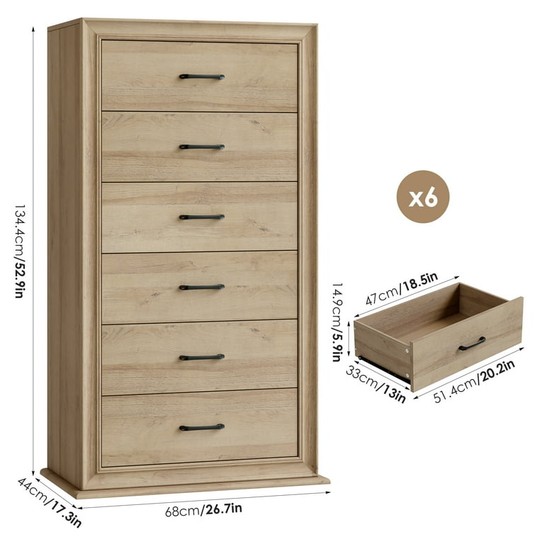 Homfa Wood Tall Dresser with 6 Drawers 52.9 H Narrow Dresser for Bedroom Storage Cabinet for Living Room Oak