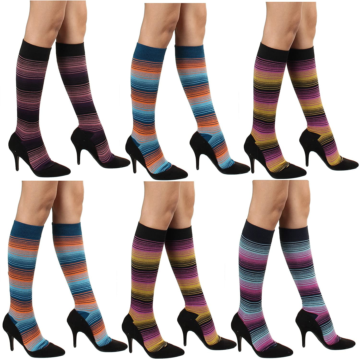6 Pairs Women's Cotton Fancy Design Multi Color Knee High Socks ...