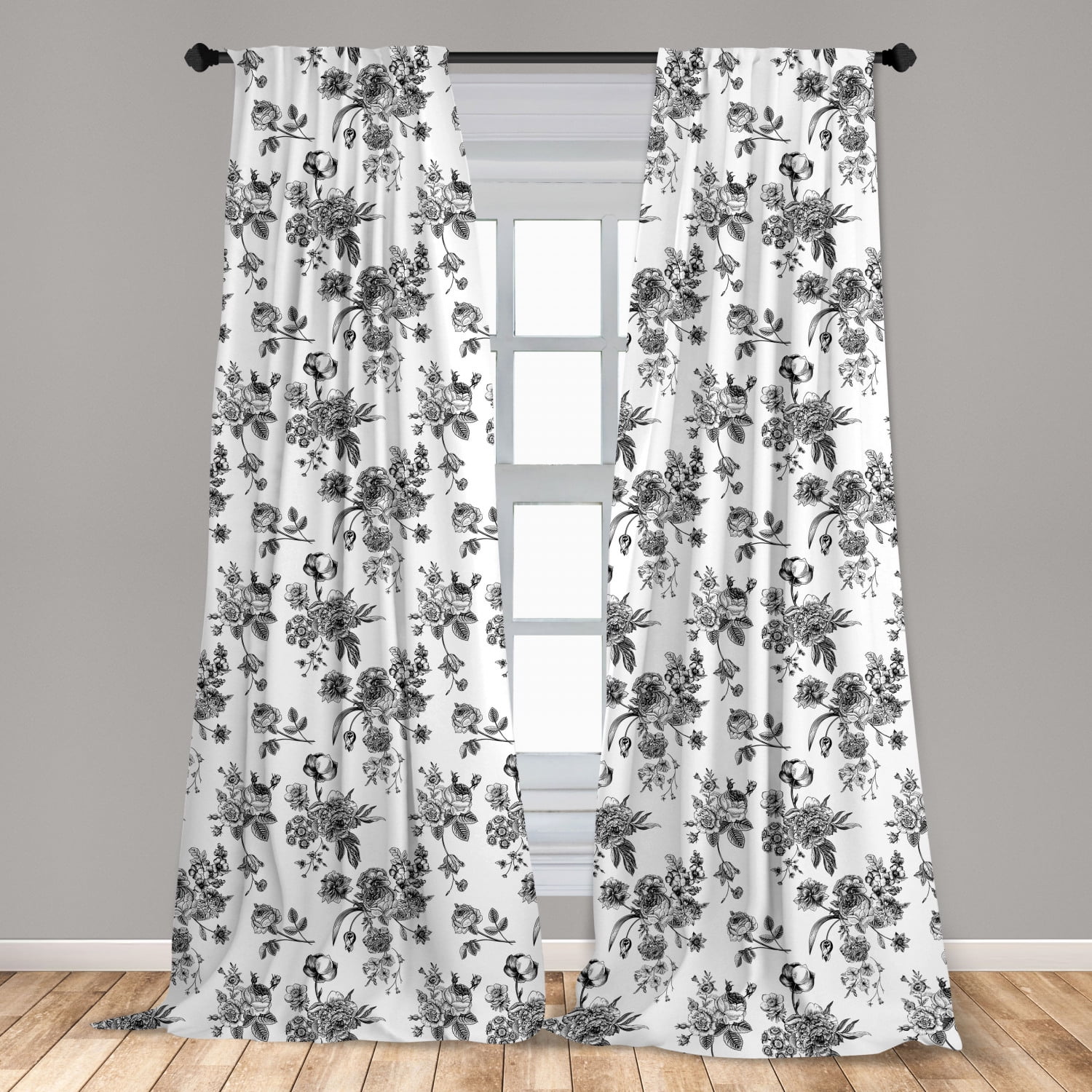 Black and White Curtains, Vintage Floral Pattern Victorian Classic ...