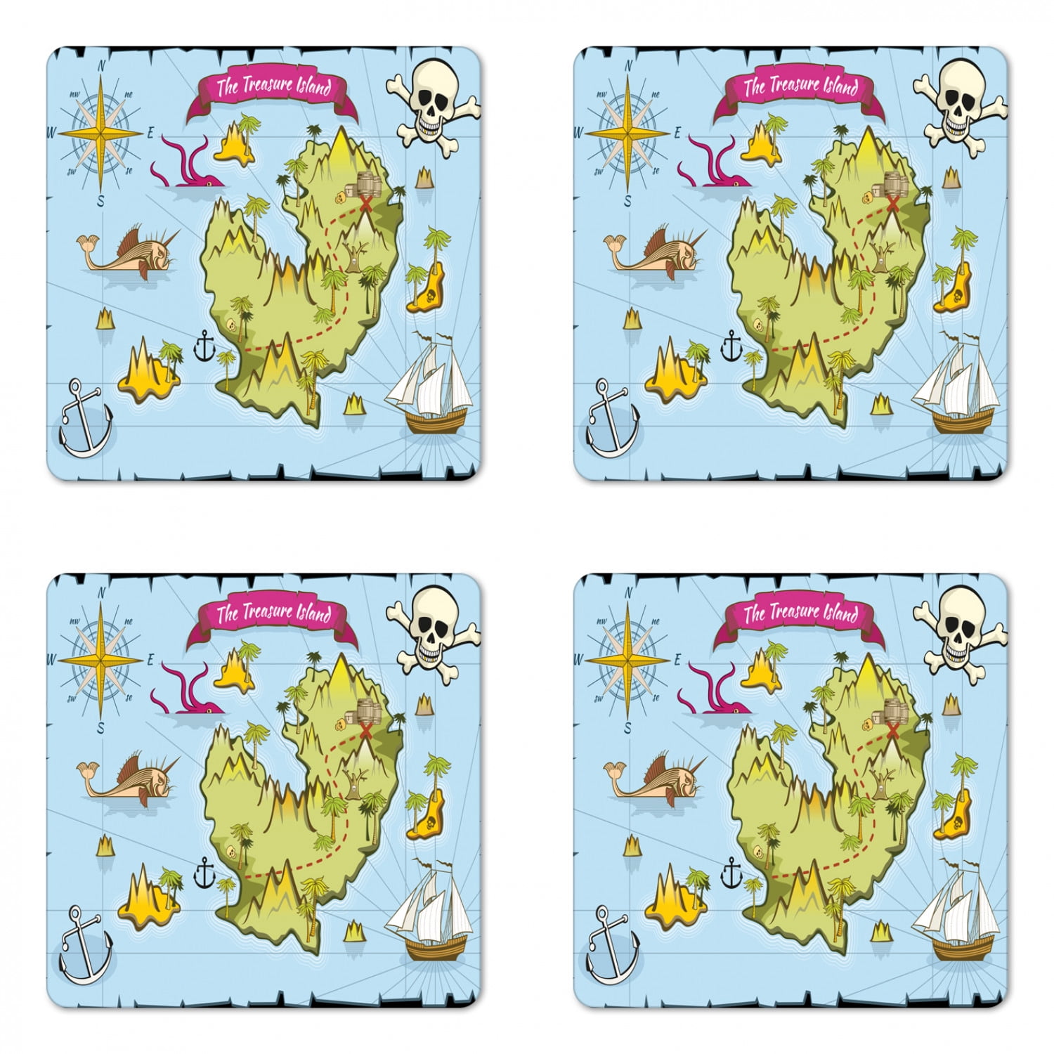 Island Map Coaster Set of 4, Treasure Island Skull Nautical Design ...