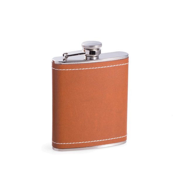 6 oz. Stainless Steel Saddle Brown Leather & White Stitch Flask with ...