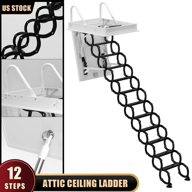 12 Steps ft foot Black Loft Wall Folding Pulldown Attic Ceiling Ladder ...