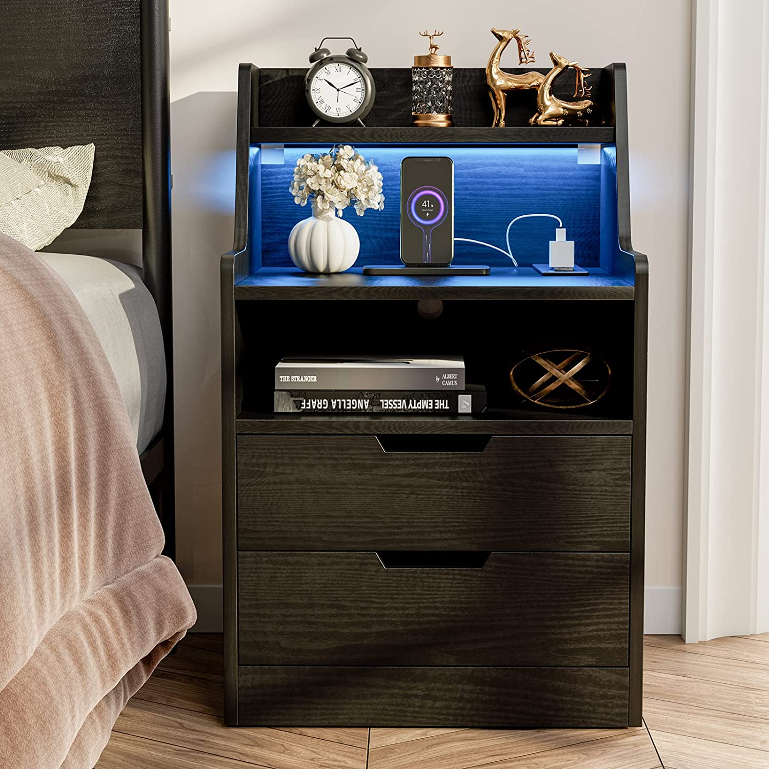 IKIFLY Modern LED Nightstand with Charging Station, LED End Table with ...