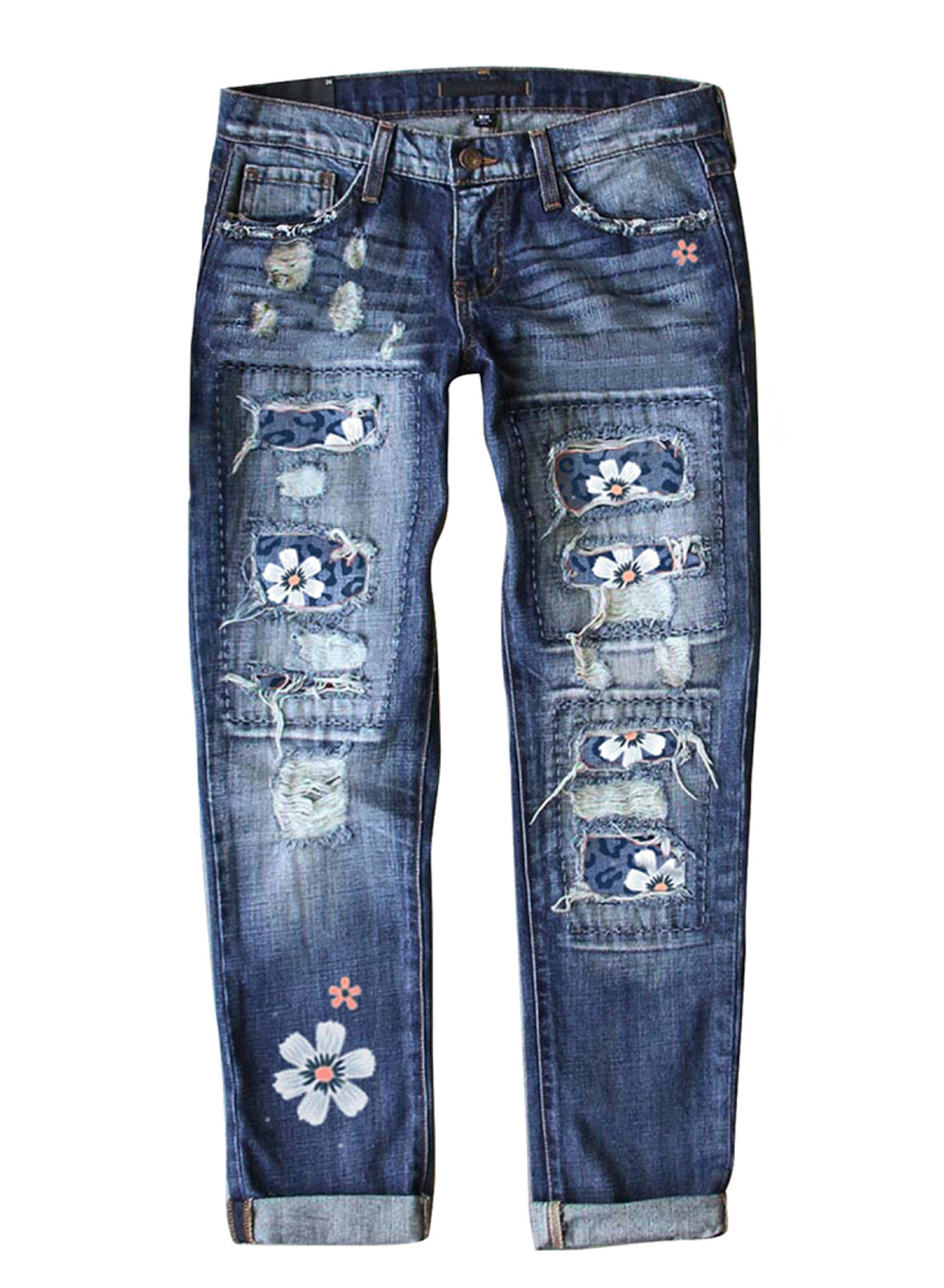 HOTAPEI Ripped Jeans For Women Plaid Patch Boyfriend Jeans Straight Leg HOTAPEI Ripped Jeans For Women Plaid Patch Boyfriend Jeans Straight Leg
