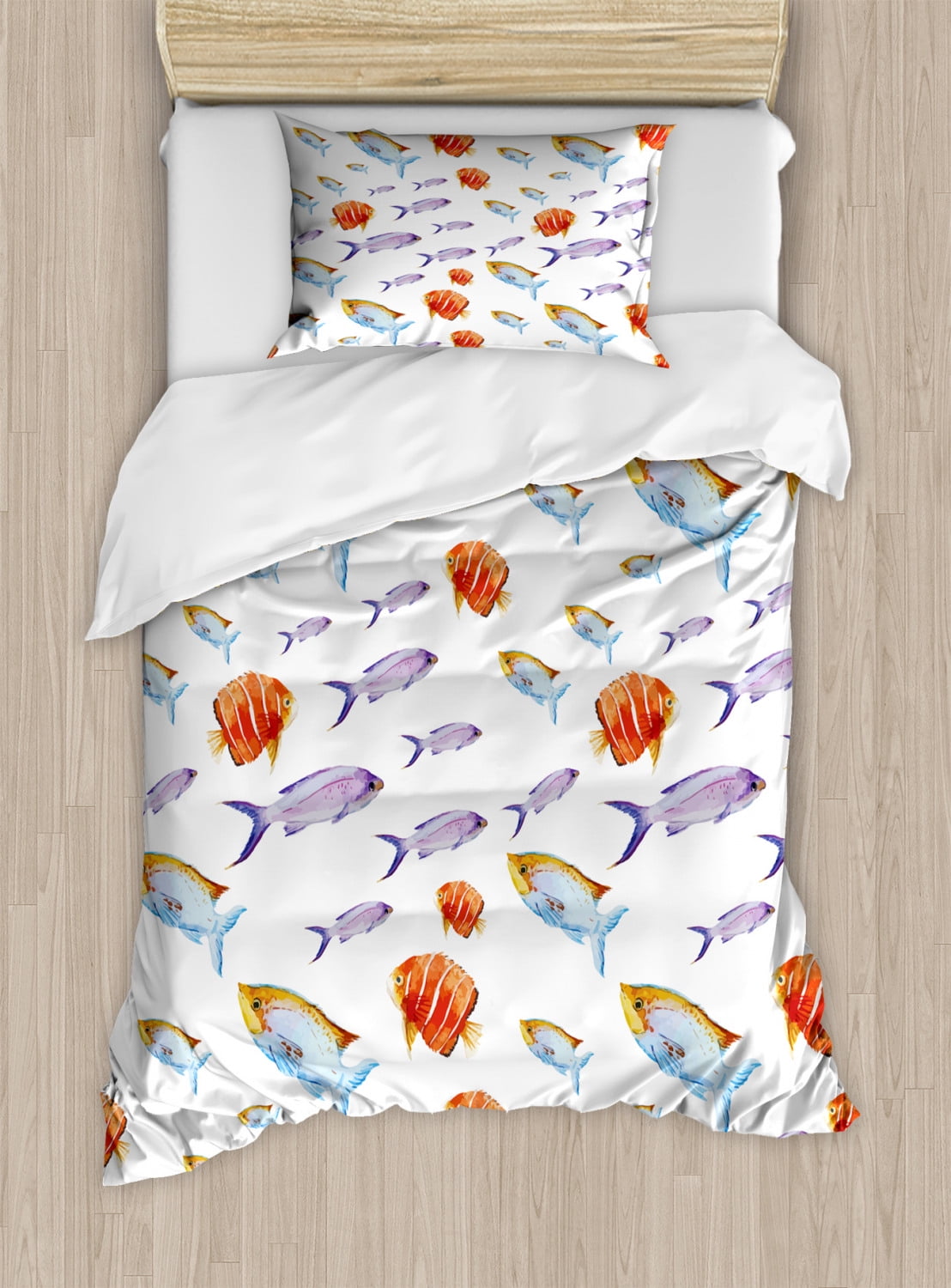 Fish Twin Size Duvet Cover Set, Underwater Life Themed Art with ...