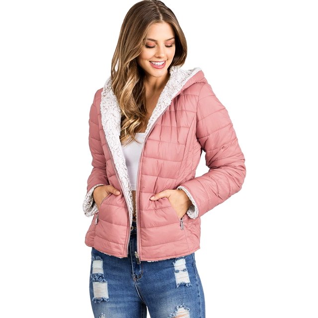 Love Tree Women's Juniors Reversible Sherpa Puffer Outerwear Jacket ...