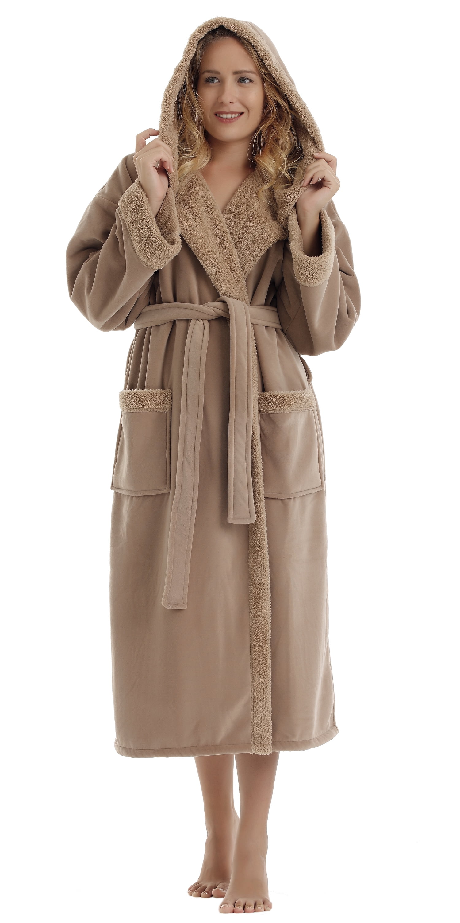 Women's Hooded Sherpa Trim Fleece Robe Bathrobe - Walmart.com