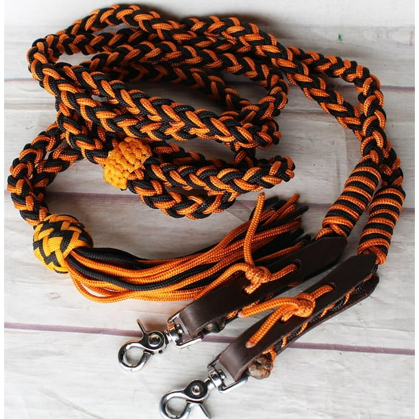 Horse Roping Western Barrel Split Reins Nylon Braided Black Orange Tack ...
