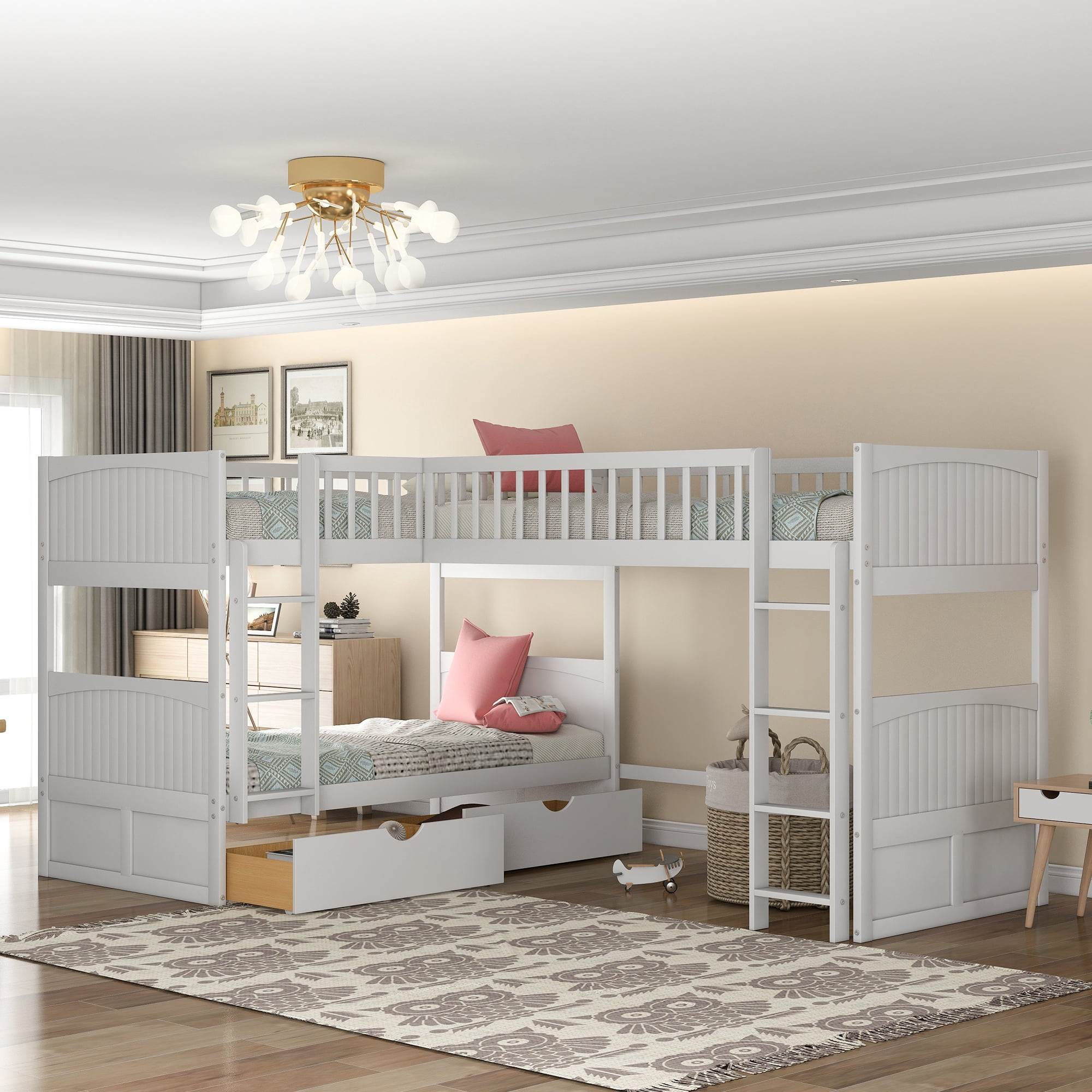 Euroco Twin Size L Shaped Wood Triple Bunk Bed With Drawers White Euroco Twin Size L Shaped Wood Triple Bunk Bed With Drawers White