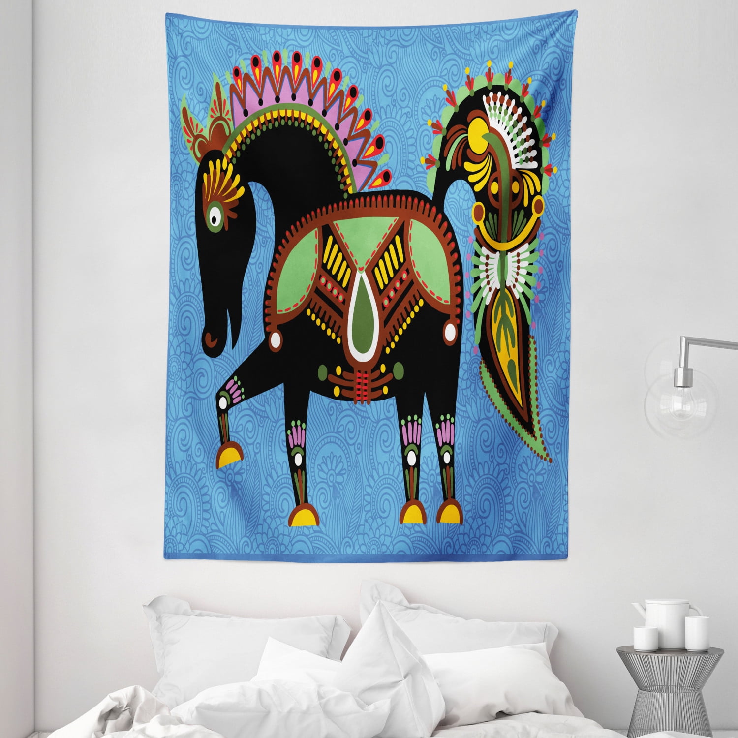 Ethnic Decor Tapestry, Folkloric Horse Animal Figure with Tradition ...