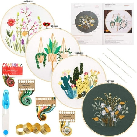 4 Sets Embroidery Starter Kit Full Range of Stamped Floral Embroidery ...