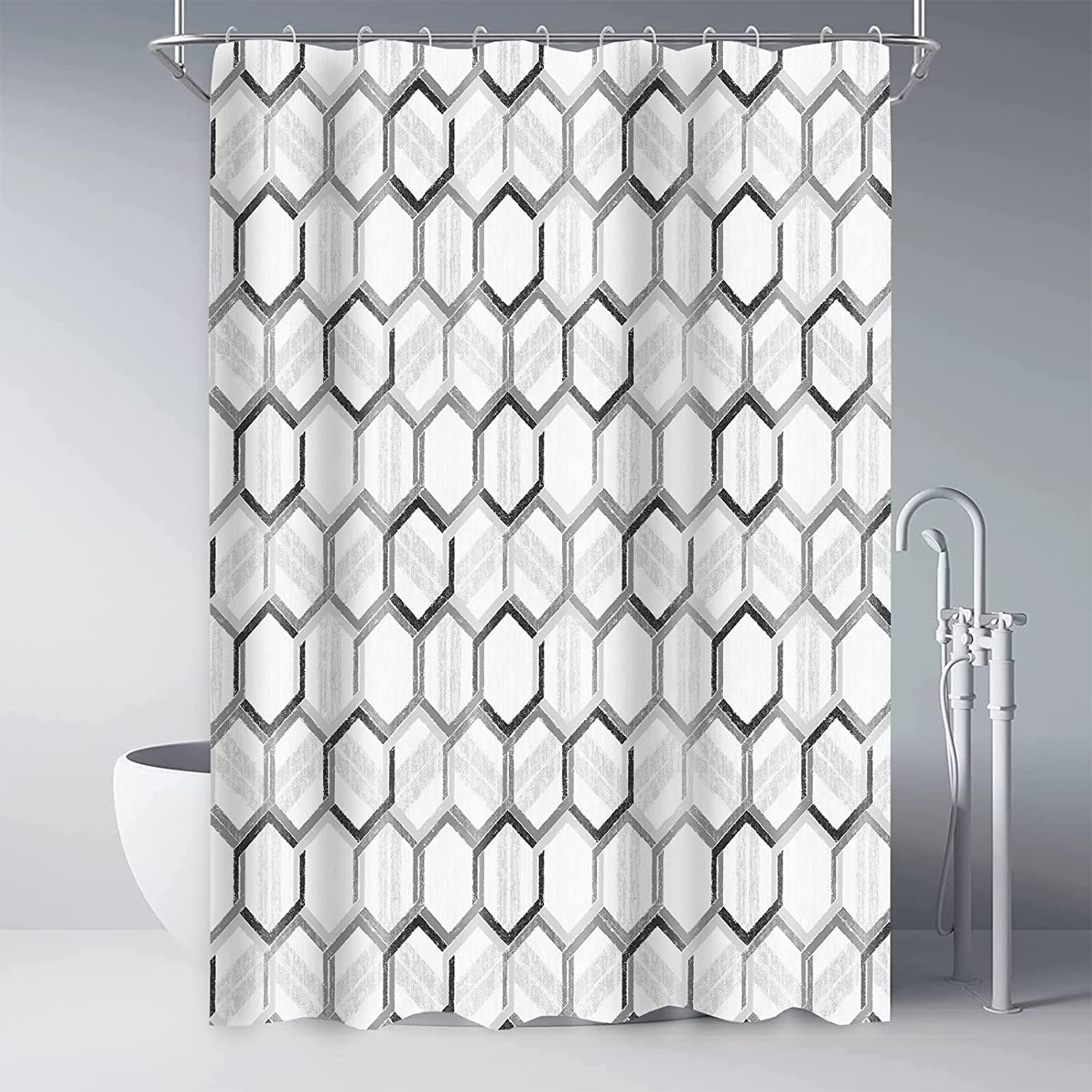 Extra Long 72"x84" Modern Grey White Line Plaid Shower Curtain Modern Mid-Century Farmhouse ...