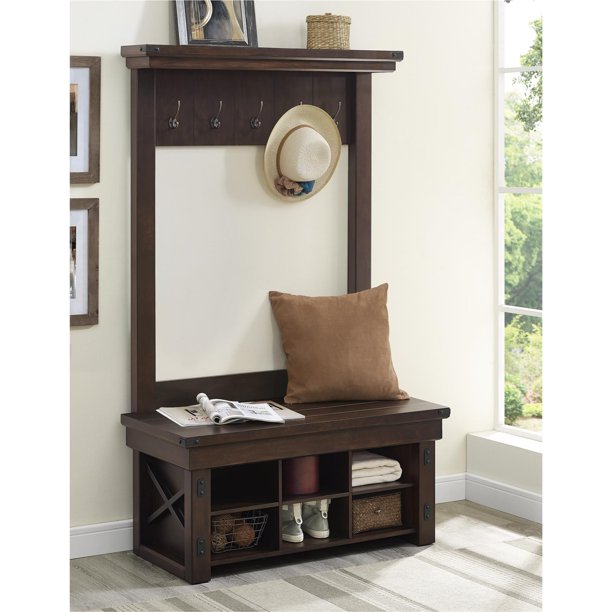 Ameriwood Home Wildwood Wood Veneer Entryway Hall Tree with Bench, Espresso - Walmart.com