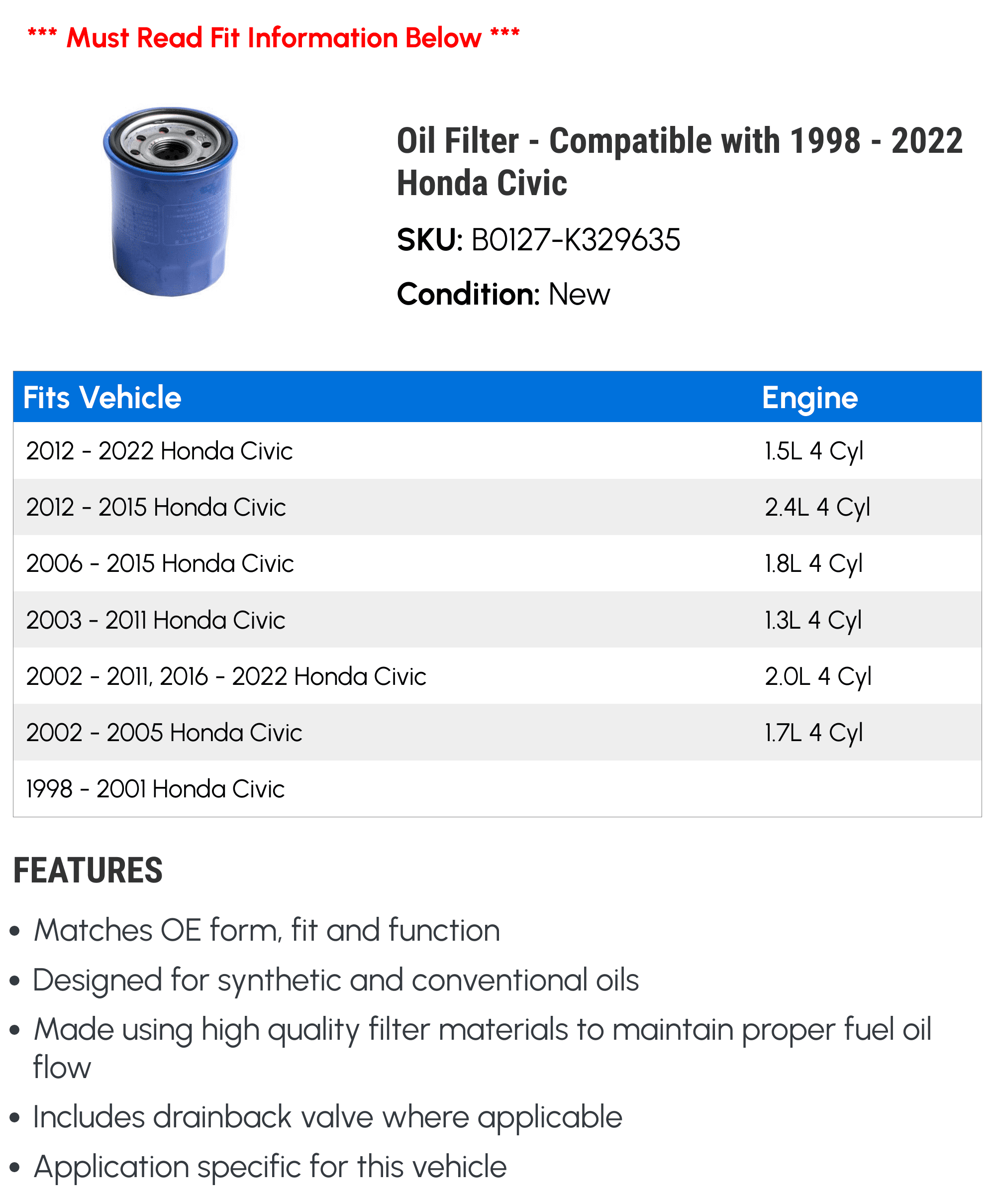 Beck Arnley 041 1004 Motor Oil Filter Fits 1998 2022 Honda Civic Walmart