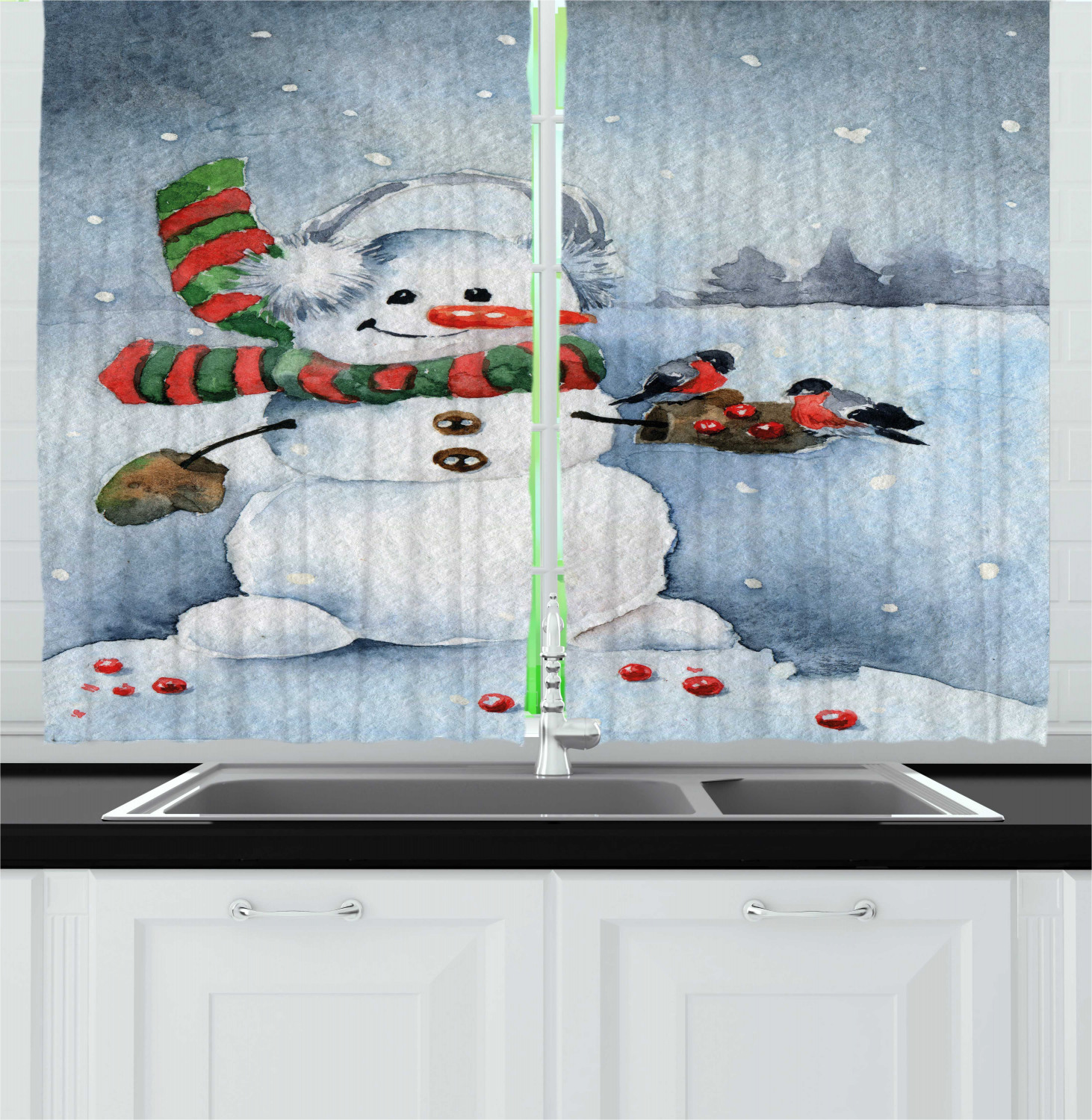 Snowman Curtains 2 Panels Set, Watercolor Style Snowfall Outdoors Merry ...