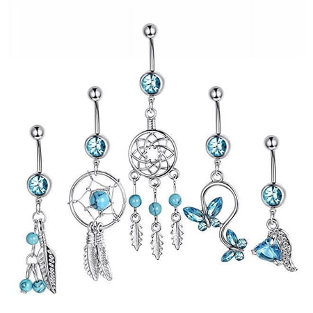 SHENMO 5 Pieces of Dreamy Blue Butterfly Zircon Belly Button Ring Heart ...