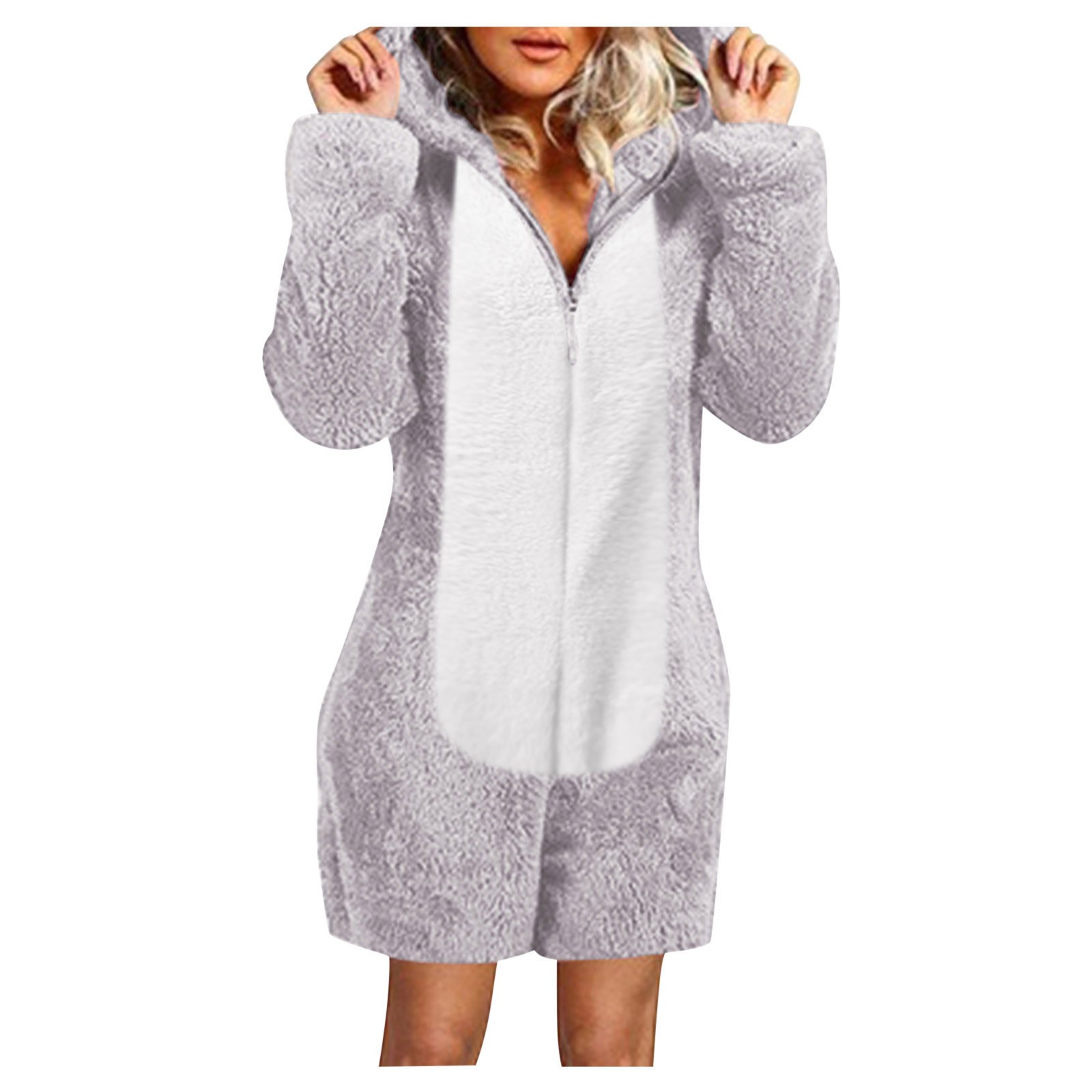 Women's Fashion Long Sleeve Hooded Faux Fur Jumpsuit Pajamas Rompers ...
