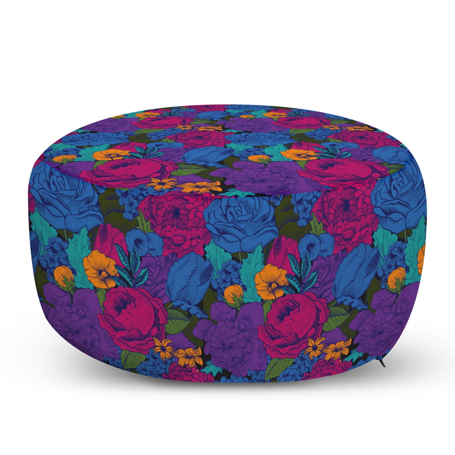 Floral Pouf Cover with Zipper, Vintage Bouquet Vibrant Shabby Form ...