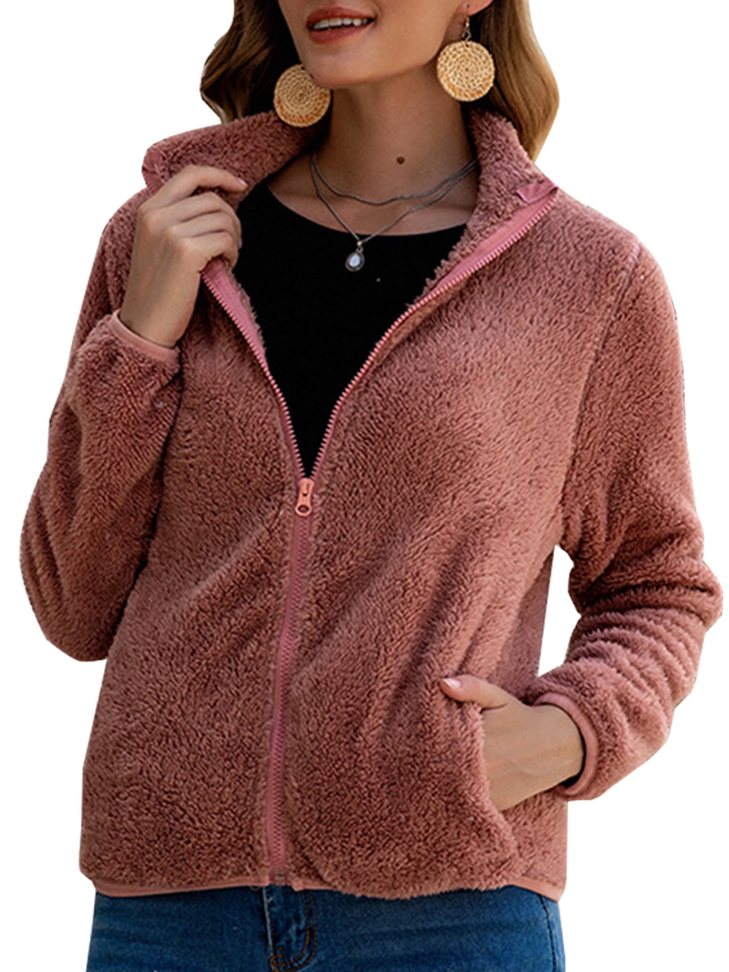 Womens Plain Fluffy Fleece Coat Teddy Bear Zip up Jacket Warm Casual ...