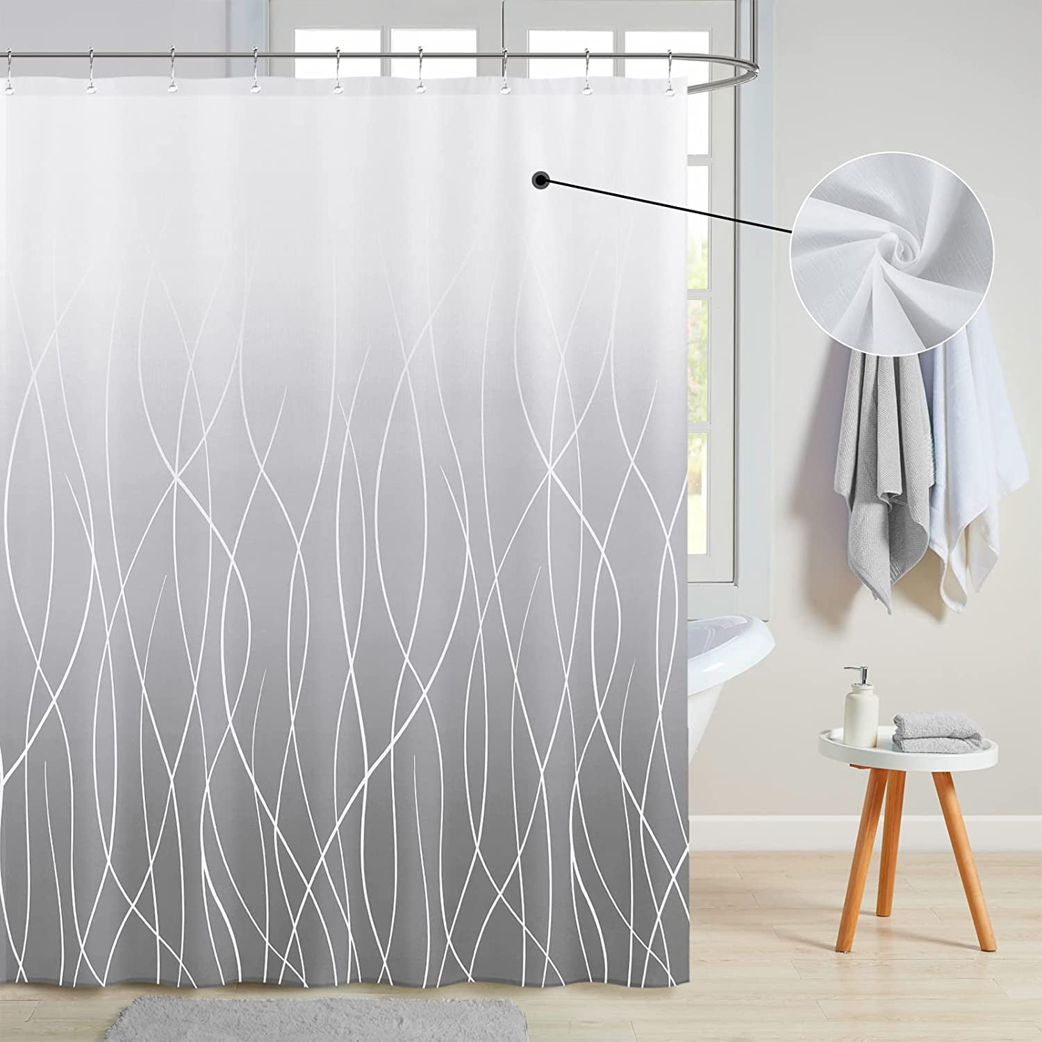 Shower Curtain Set with Hooks Grey Shower Curtain for Bathroom Ombre Fabric Shower Curtain ...