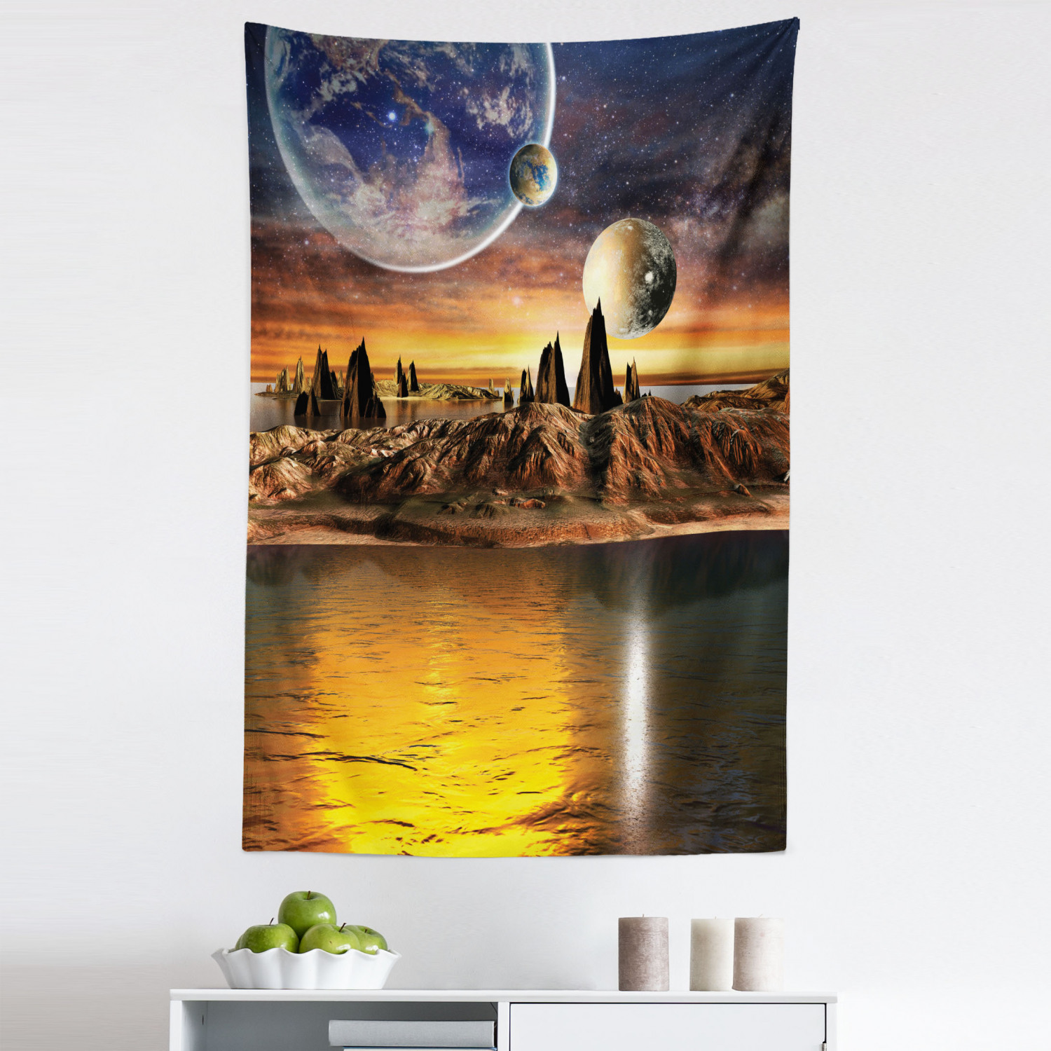 Alien Tapestry, Alien Planet Earth Moon and Mountain Surreal Sci Fi ...
