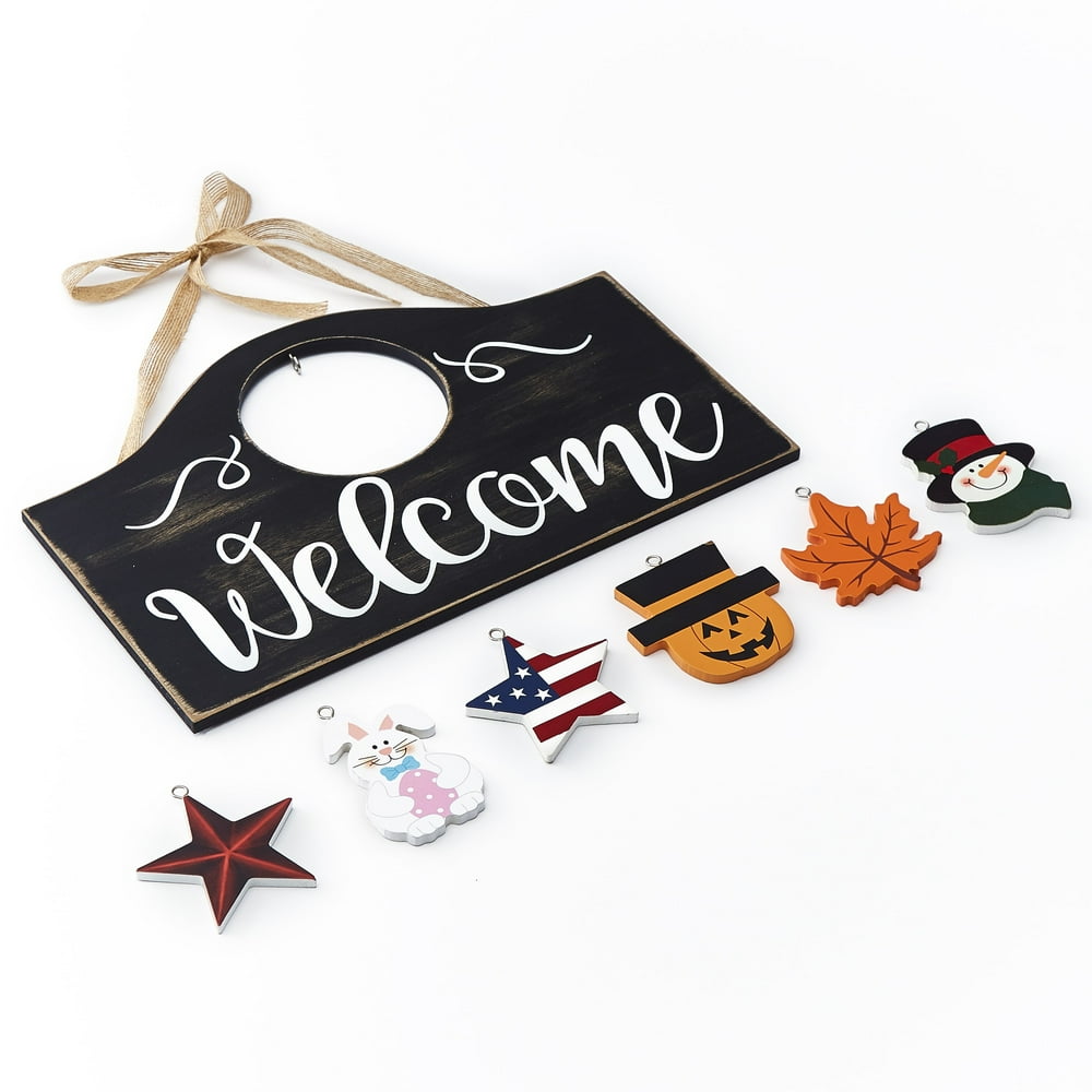Wall Hanging Welcome Sign with 6 Interchangeable Seasonal Icons ...