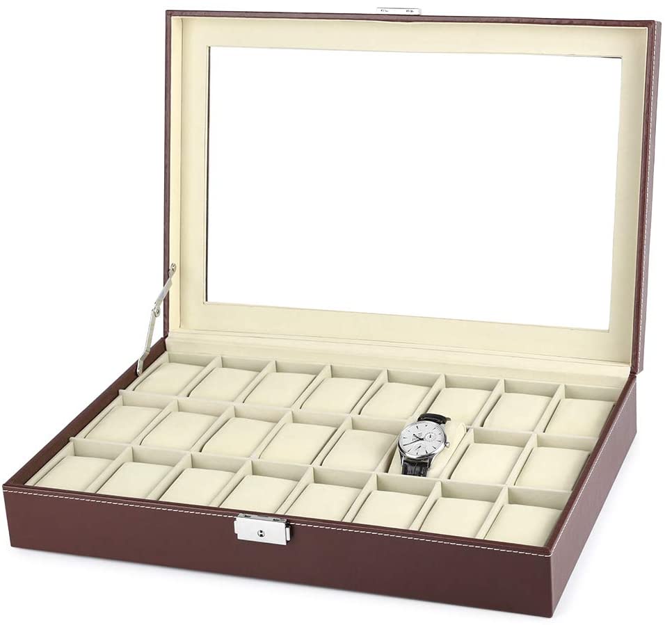 Watch Display Organizer, 24 Slots Large Watch Case with Glass Top Brown ...