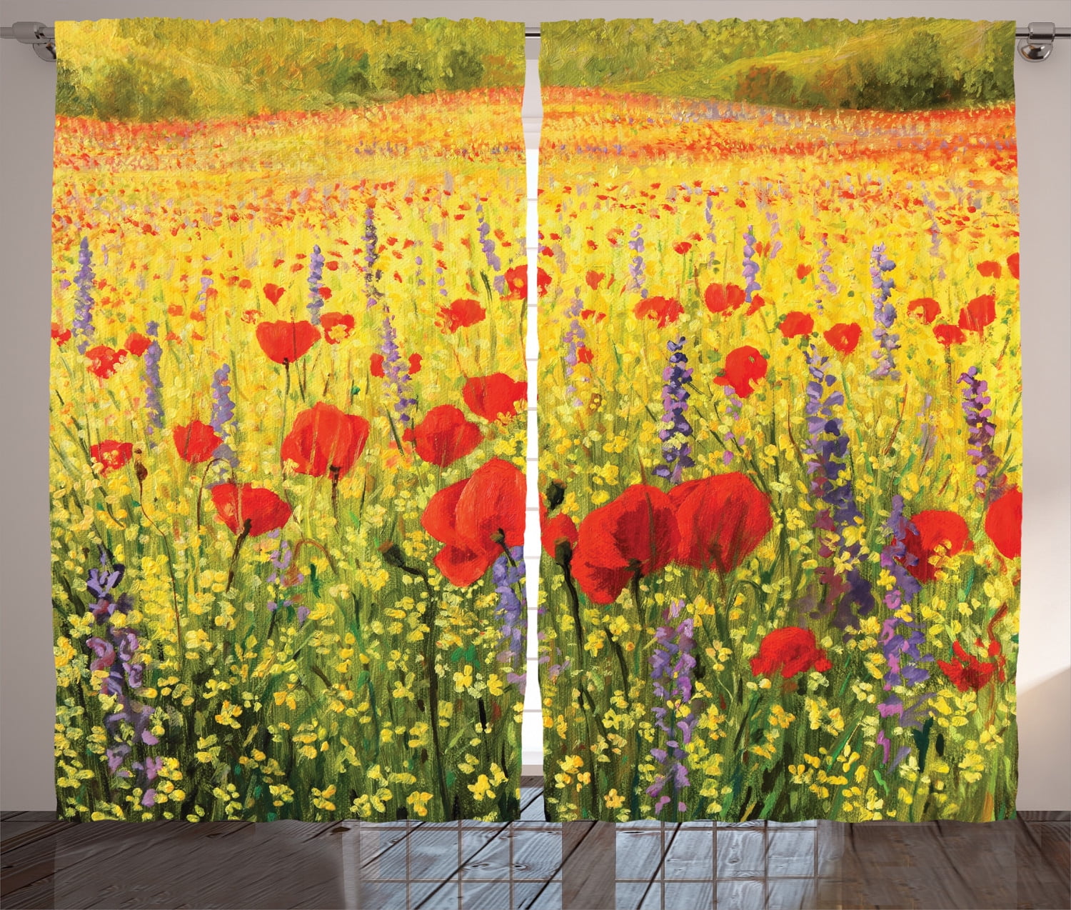 Poppy Decor Curtains 2 Panels Set, A Colorful Field With Poppies yellow ...