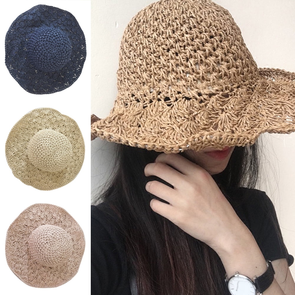 Cheers.US Women Handmade Straw Hat Wide Brim Beach Sun Cap Foldable ...