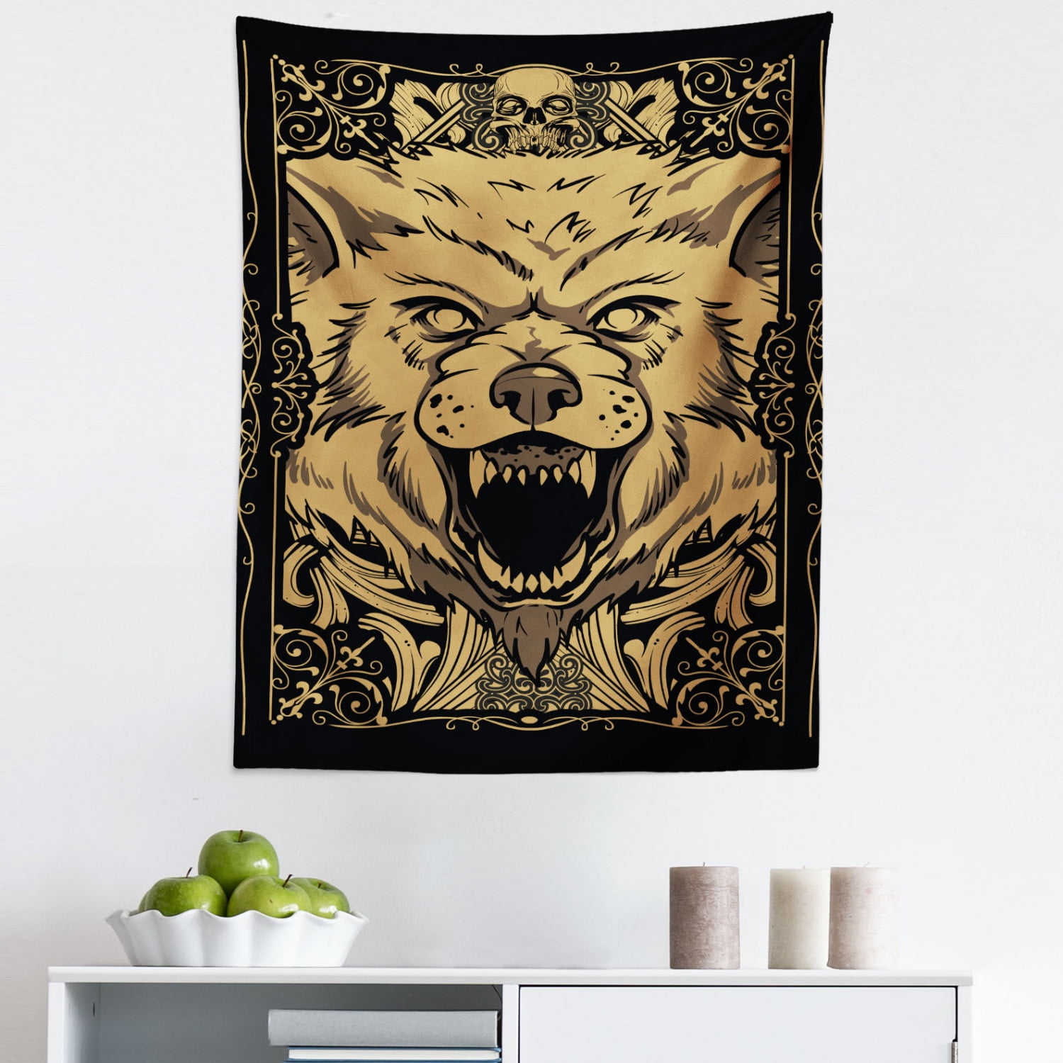 Wolf Tapestry, Angry Carnivore Animal Face with Skull Ornamental ...