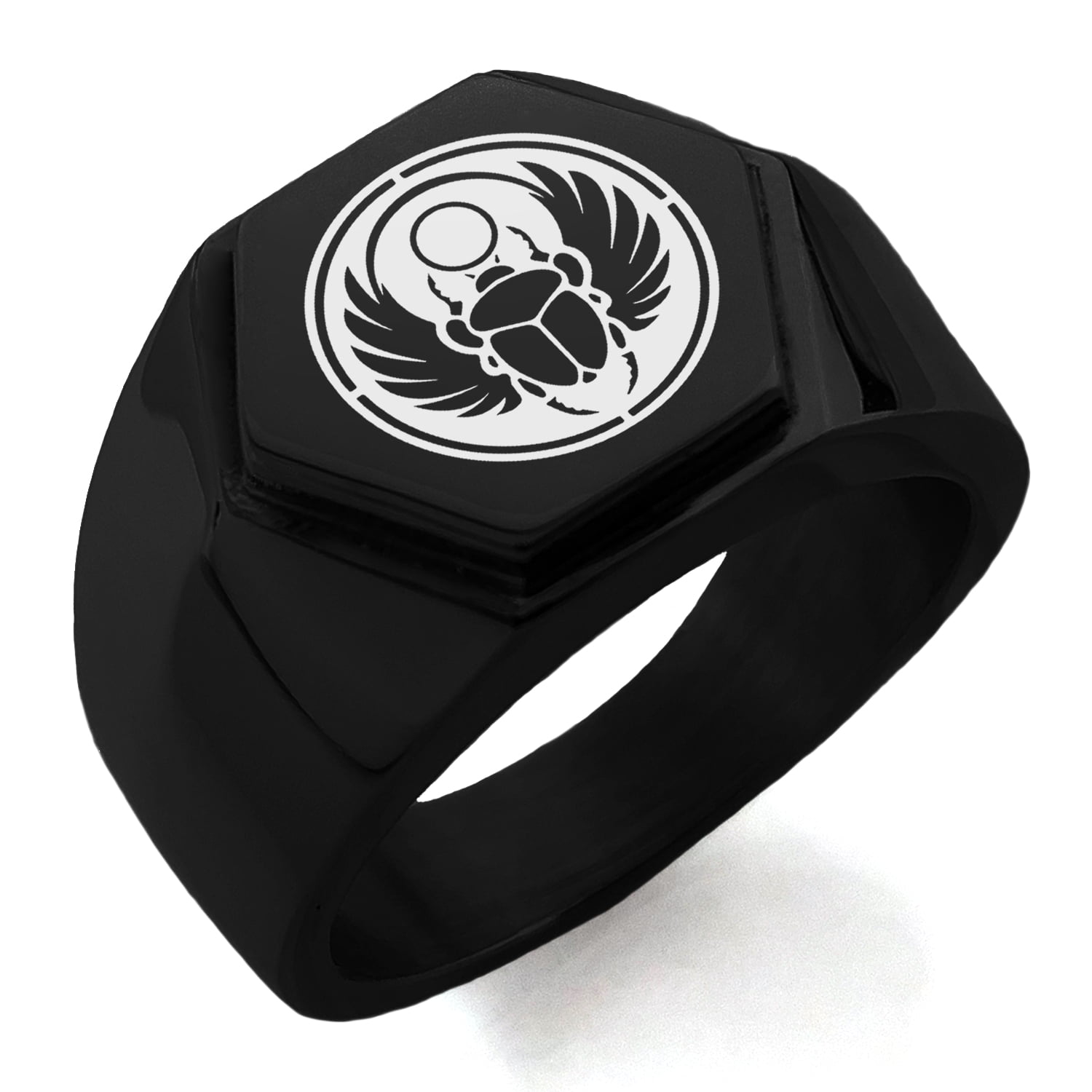 Stainless Steel Scarab Beetle Sun Ring Engraved Hexagon Crest Flat Top ...